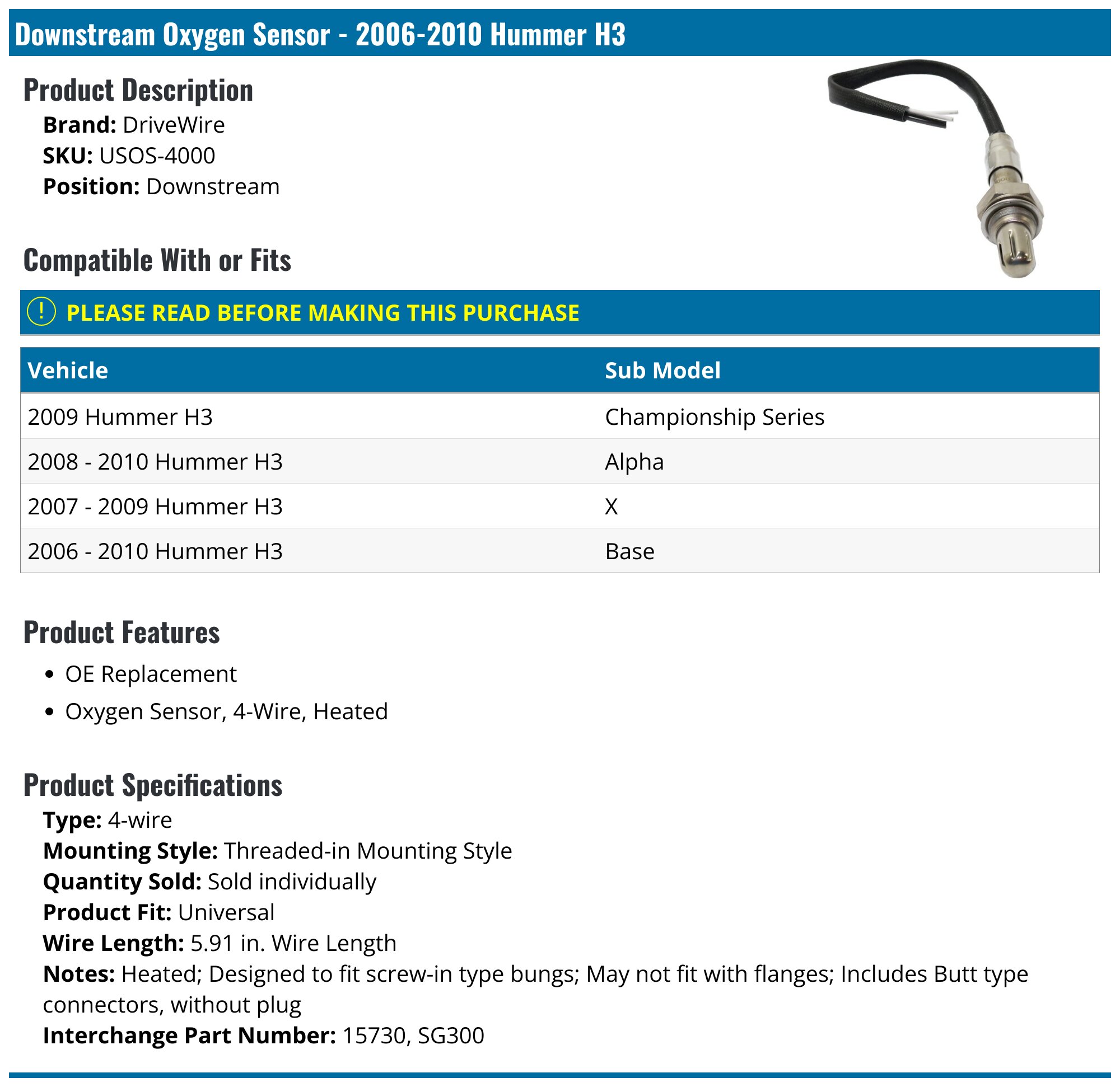 2006-2010 Hummer H3 Oxygen Sensor - DriveWire USOS-4000 - Downstream ...
