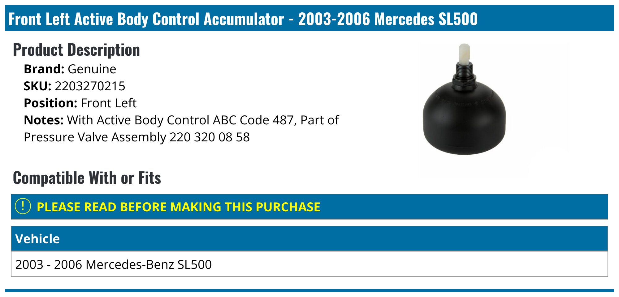 2003-2006 Mercedes SL500 Active Body Control Accumulator - Genuine ...