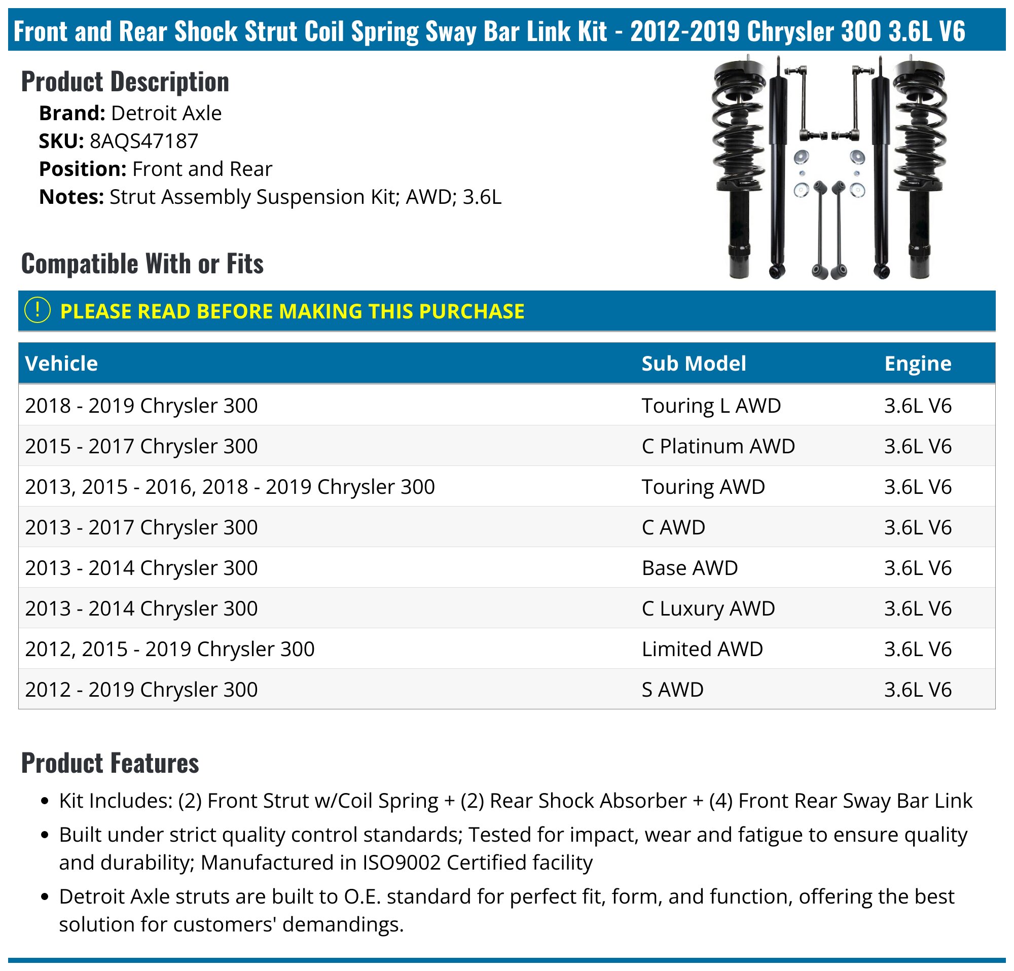 2012-2020 Chrysler 300 Shock Absorber - Detroit Axle 8AQS47187 - Front ...