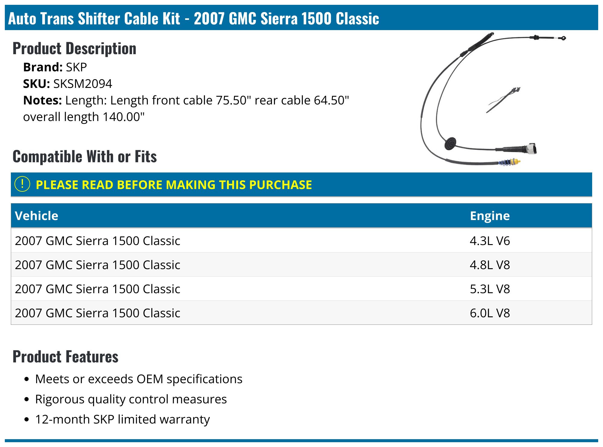 2007 GMC Sierra 1500 Classic Auto Trans Shifter Cable Kit - SKP ...