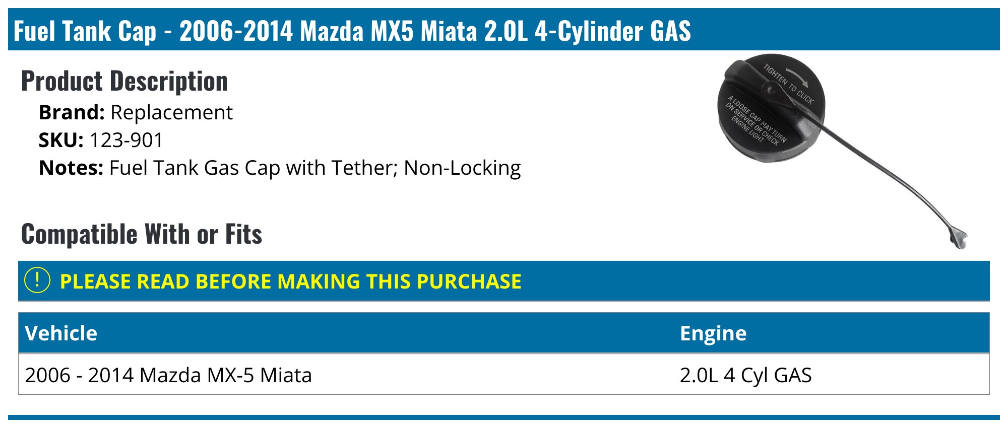 2006-2014 Mazda MX5 Miata Fuel Tank Cap - Replacement 123-901 ...