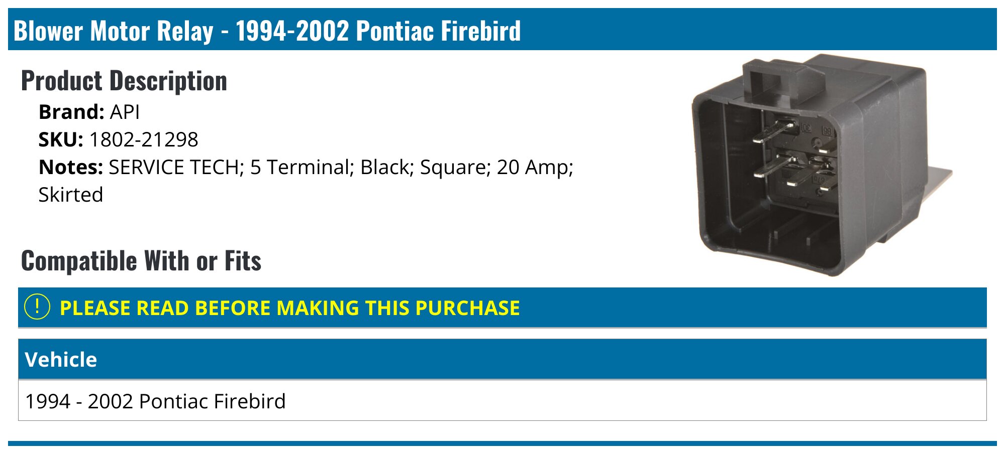 1994-2002 Pontiac Firebird Blower Motor Resistor - API 4671-07632037 ...