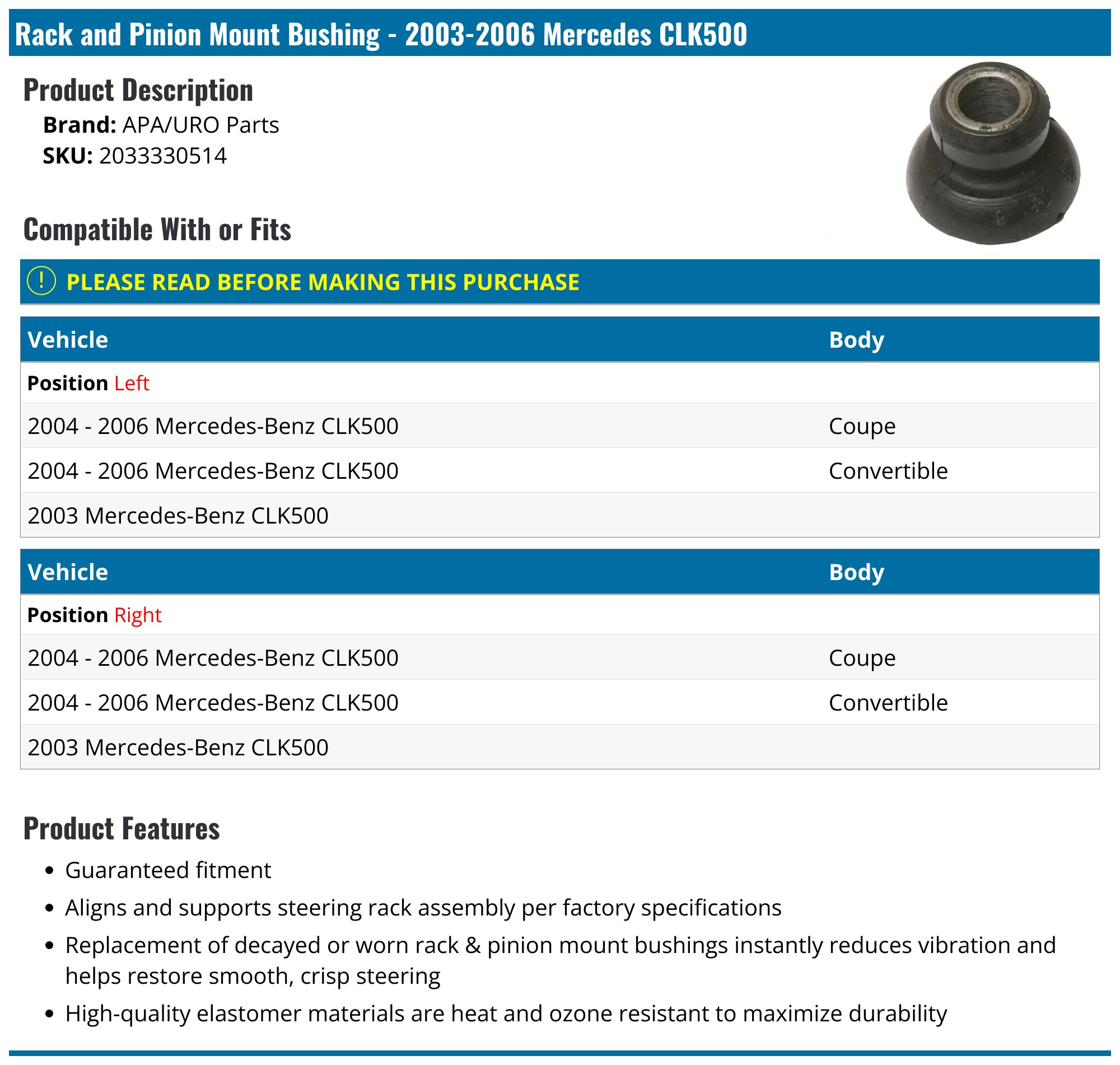 2003-2006 Mercedes CLK500 Rack and Pinion Bushing - APA/URO Parts ...