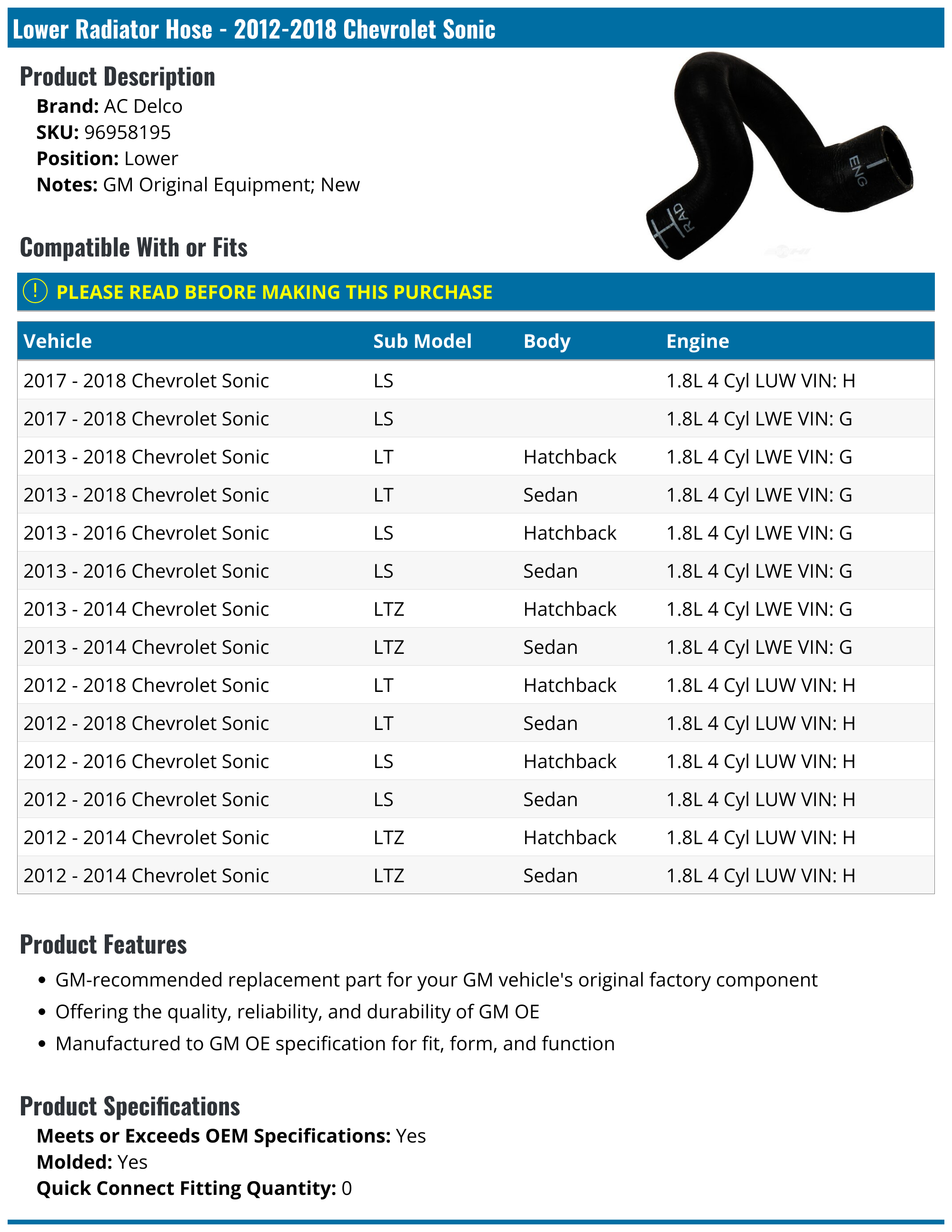 2012-2018 Chevrolet Sonic Radiator Hose - AC Delco 96958195 - Lower ...