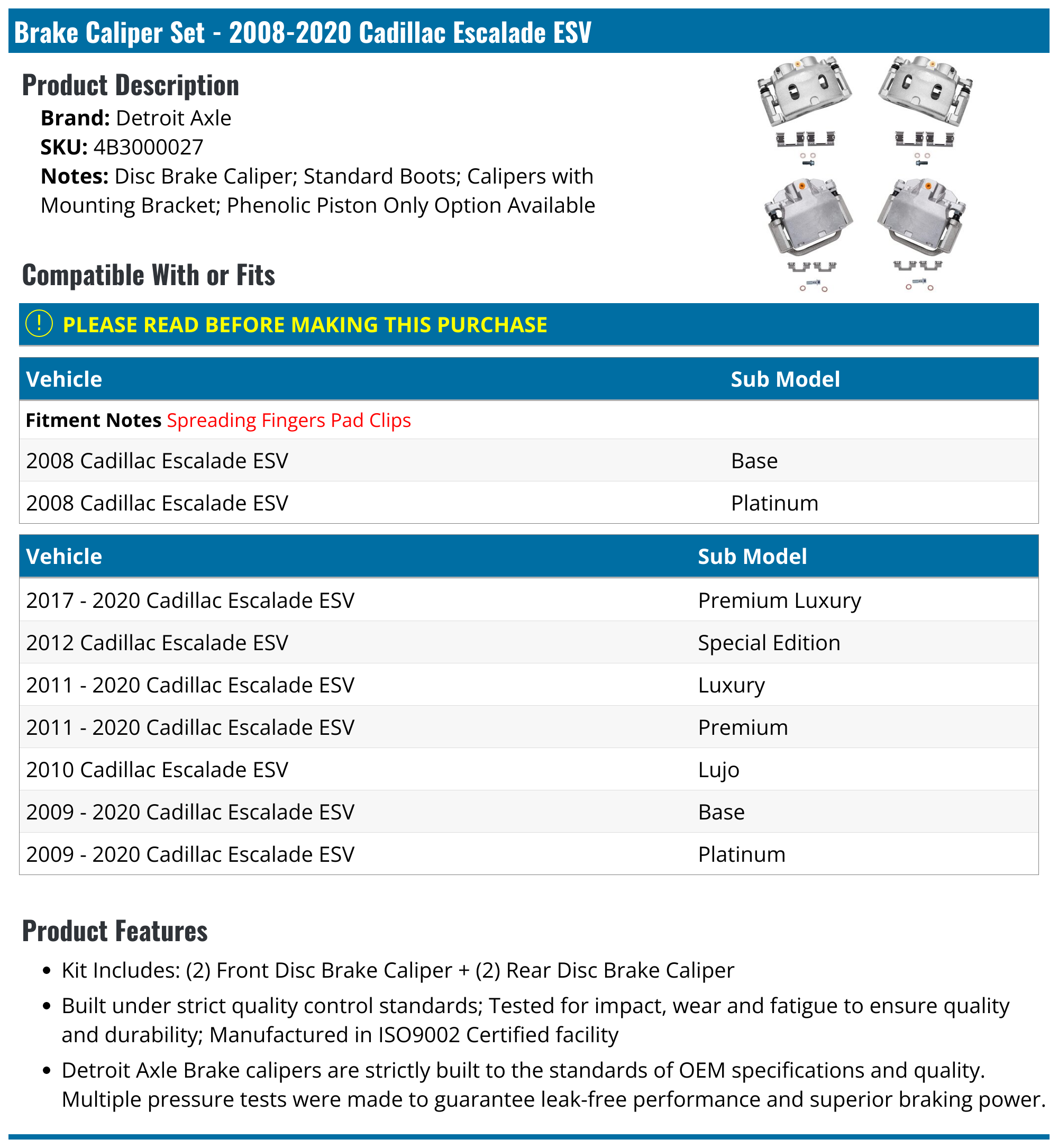 2008-2020 Cadillac Escalade ESV Brake Caliper - Detroit Axle 4B3000027 ...