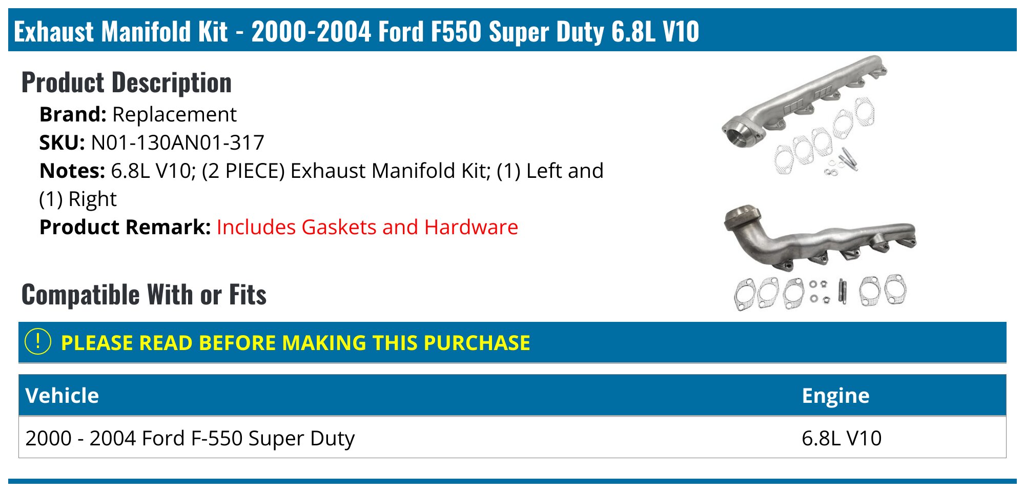 2000-2004 Ford F550 Super Duty Exhaust Manifold - Replacement N01 ...