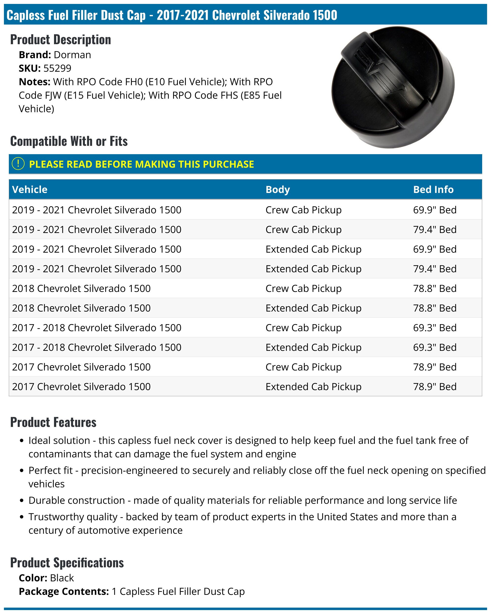 2017-2021 Chevrolet Silverado 1500 Capless Fuel Filler Dust Cap ...