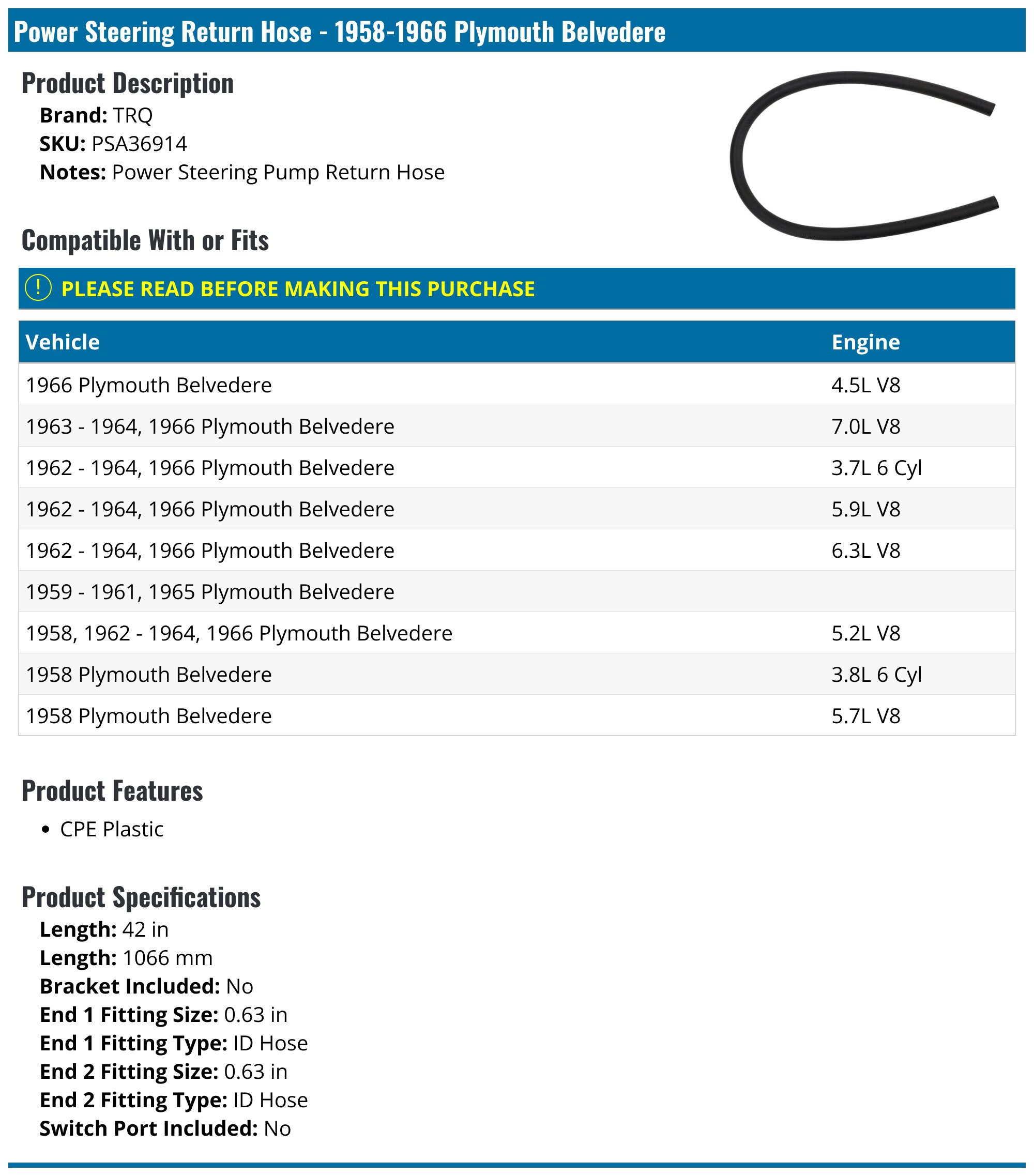 1958-1966 Plymouth Belvedere Power Steering Return Hose - TRQ PSA36914 ...