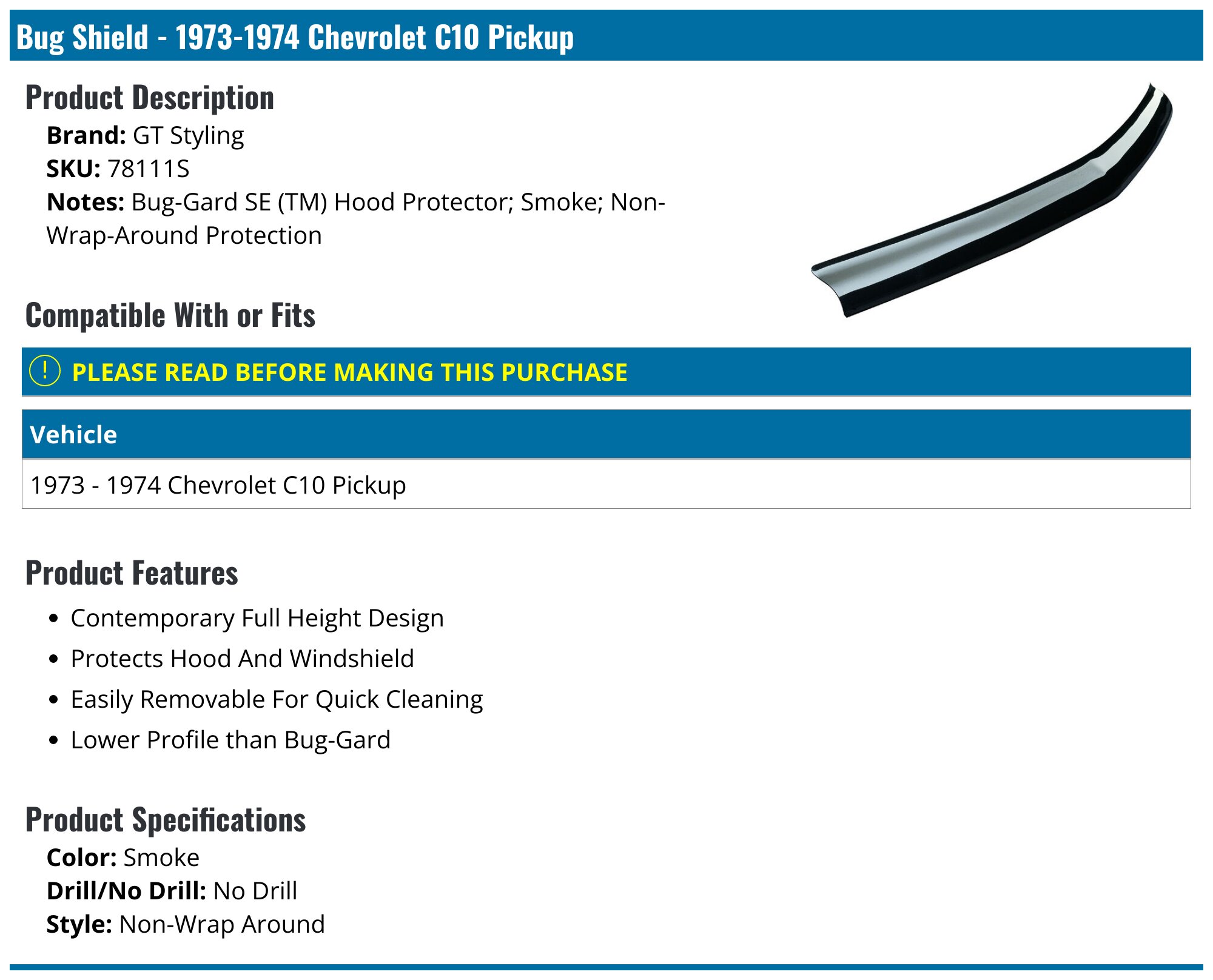 1973-1974 Chevrolet C10 Pickup Bug Shield - GT Styling 78111S ...