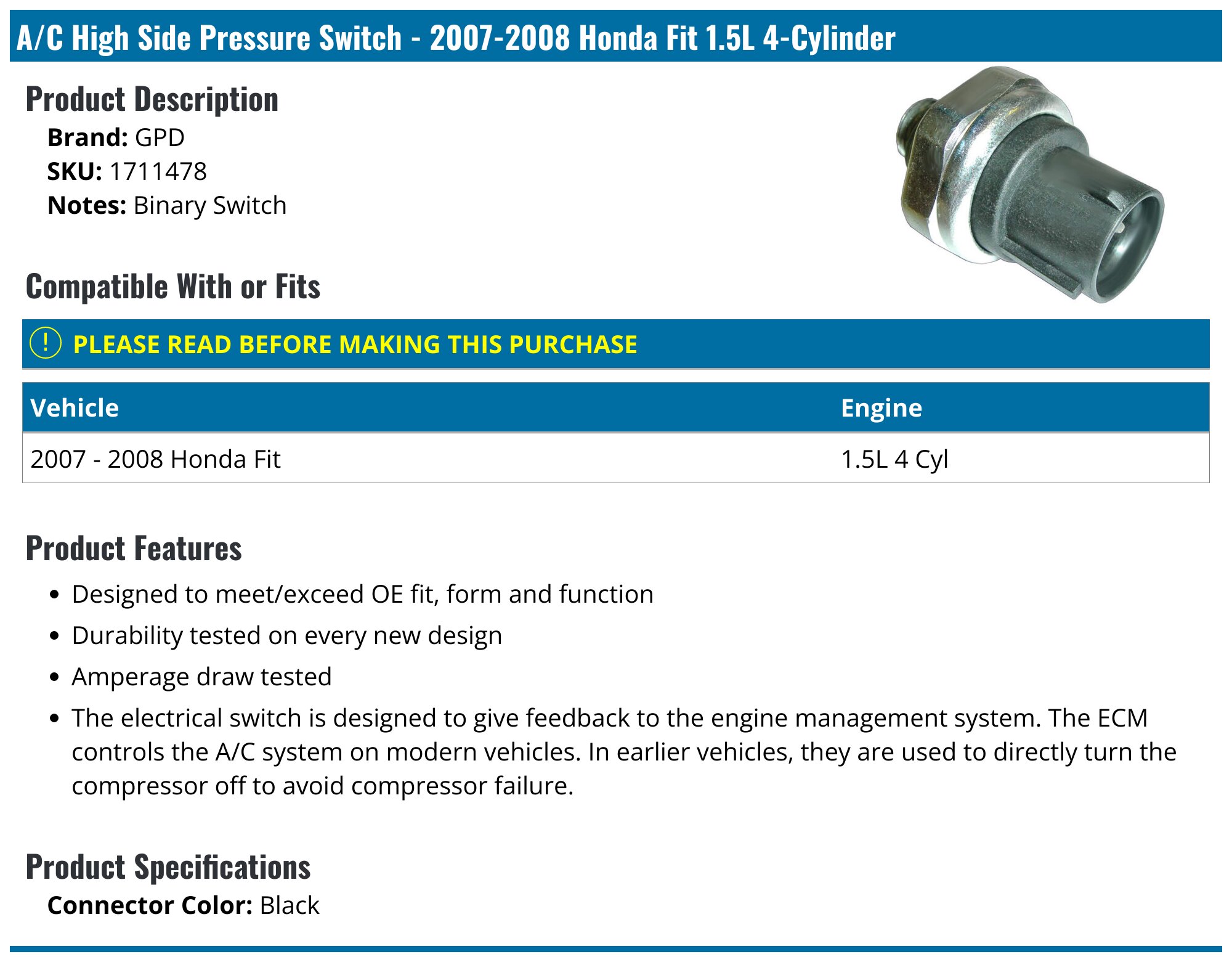 2007-2008 Honda Fit A/C High Side Pressure Switch - GPD 1711478 ...