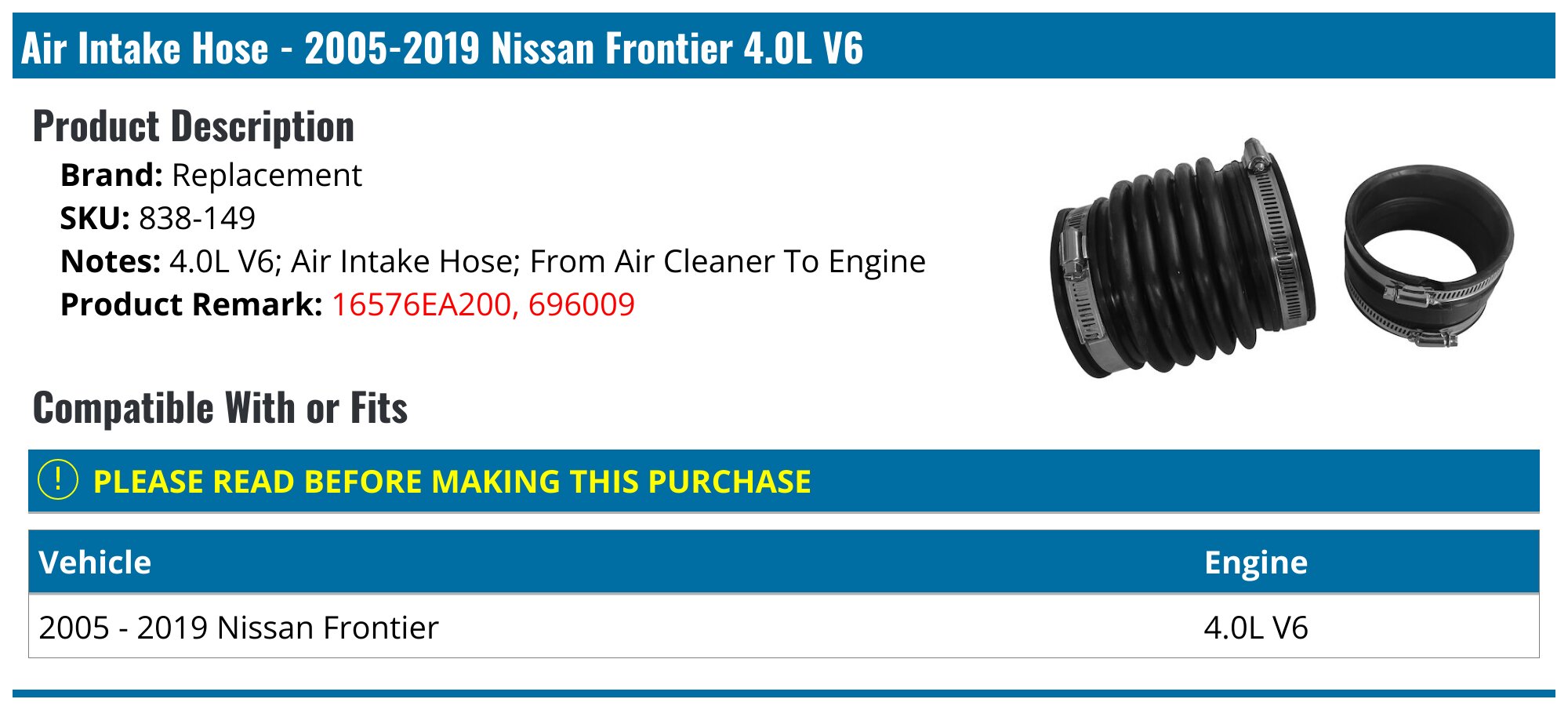 2005-2019 Nissan Frontier Air Intake Hose - Replacement 838-149 ...