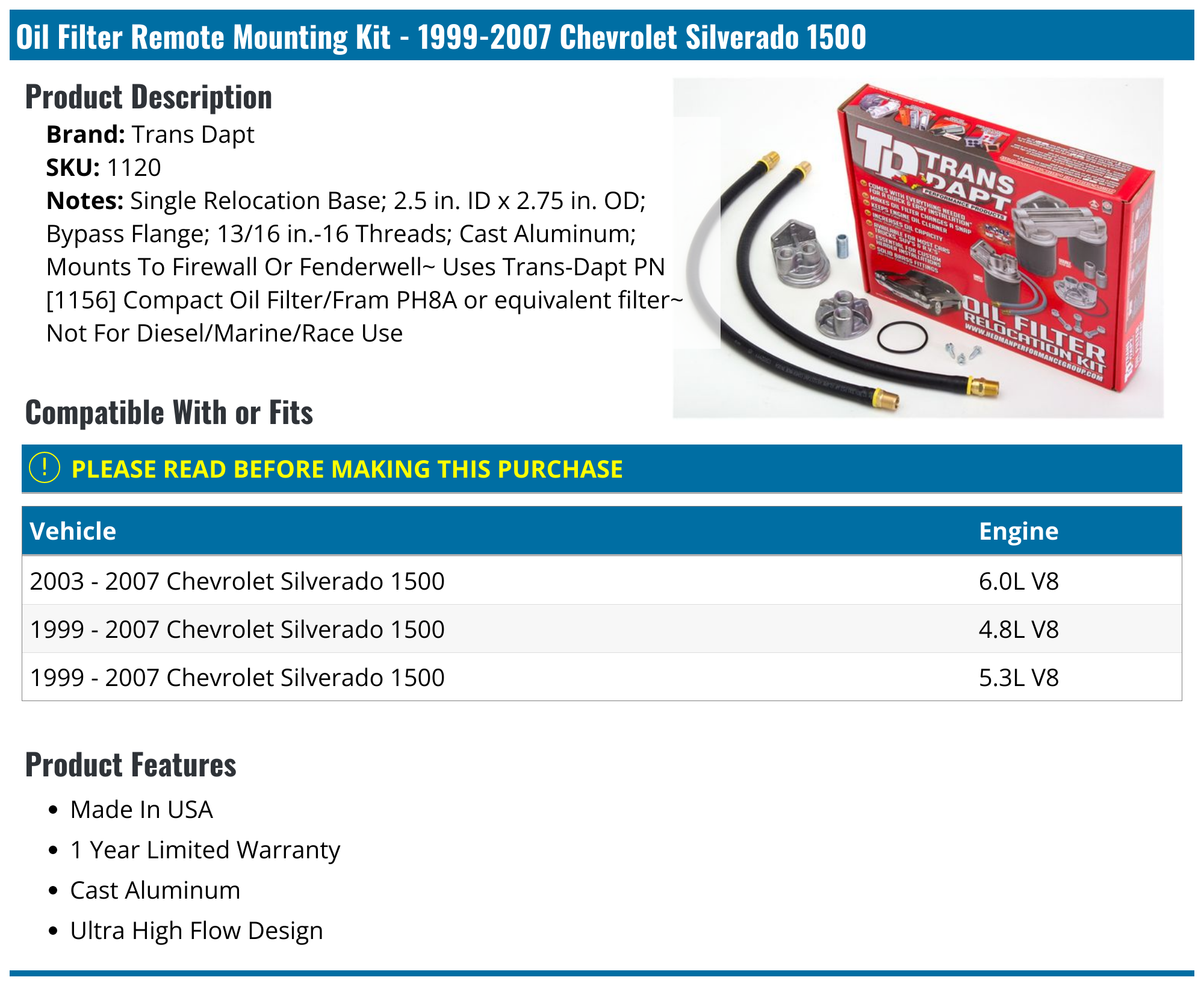1999-2007 Chevrolet Silverado 1500 Oil Filter Remote Mounting Kit ...
