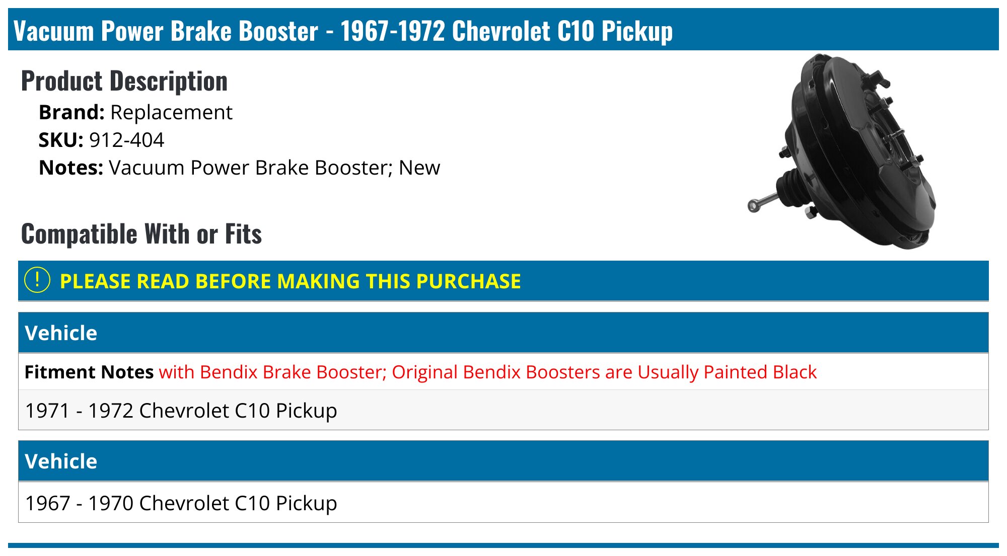 1967-1972 Chevrolet C10 Pickup Brake Booster - Replacement 912-404 ...