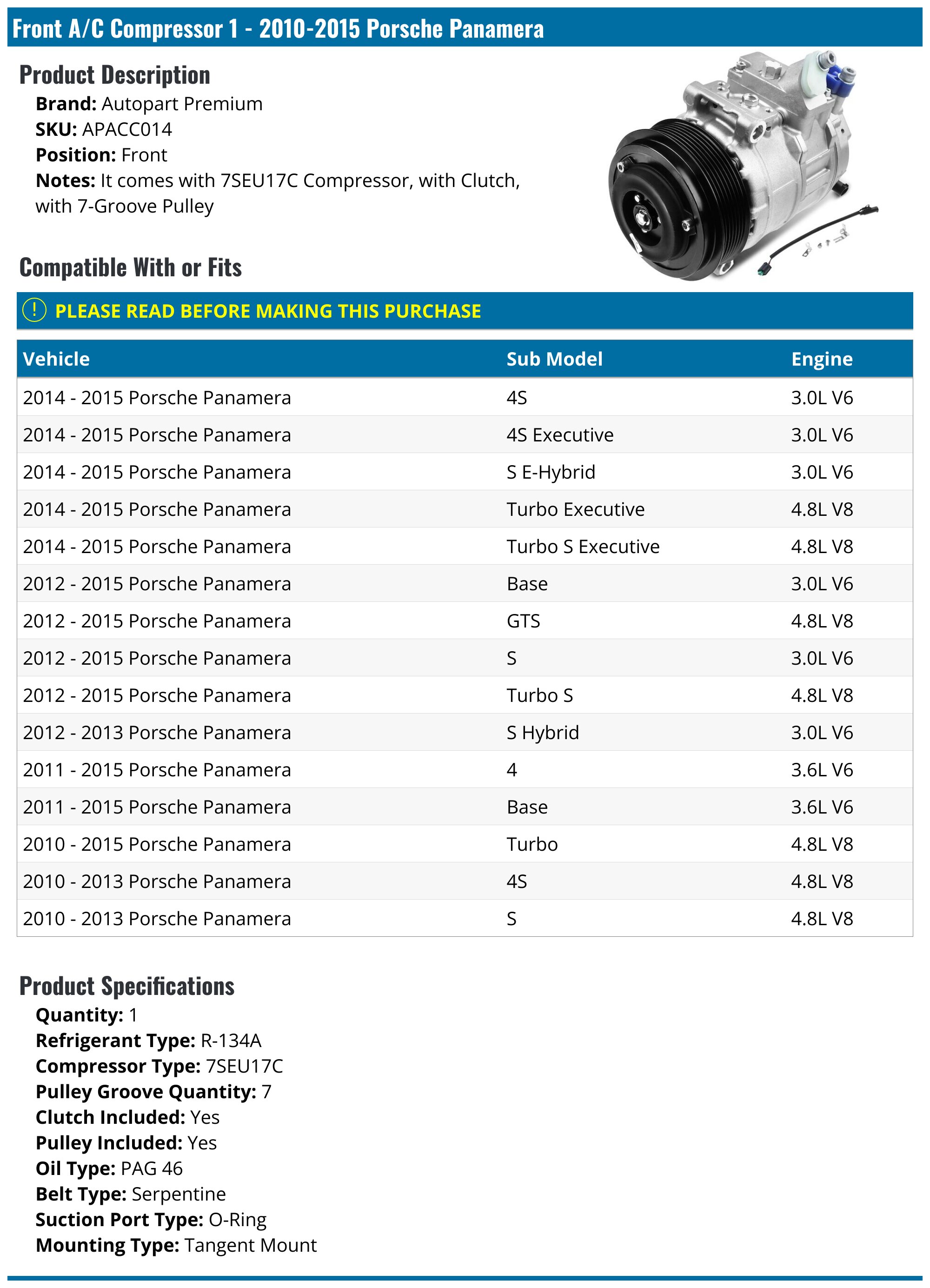 2010-2015 Porsche Panamera A/C Compressor - Autopart Premium APACC014 ...