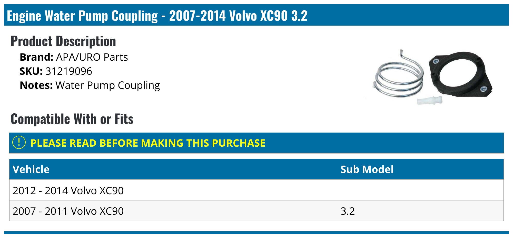 2007-2014 Volvo XC90 Engine Water Pump Coupling - APA/URO Parts ...