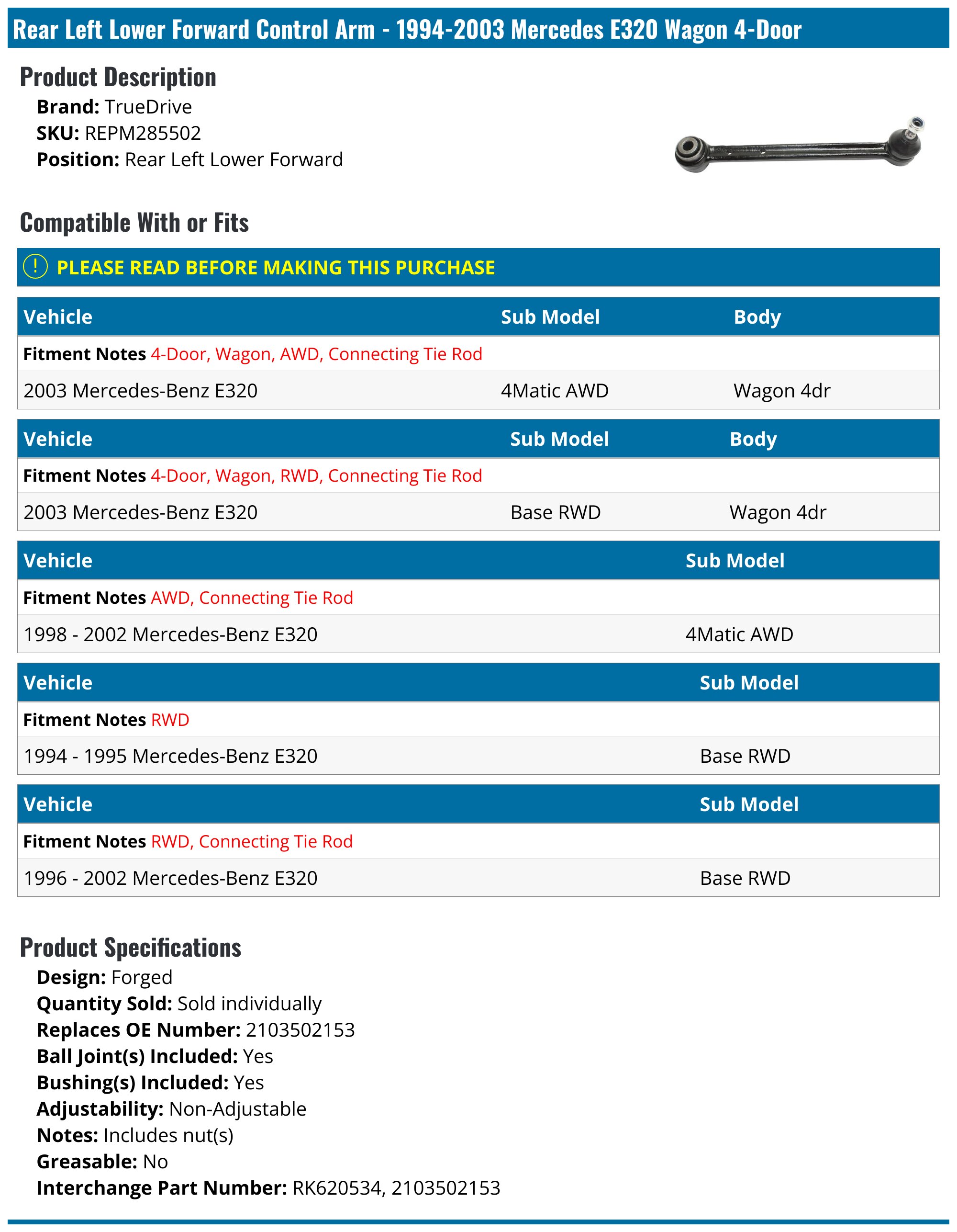 1994-2003 Mercedes E320 Control Arm - TrueDrive REPM285502 - Rear Left ...