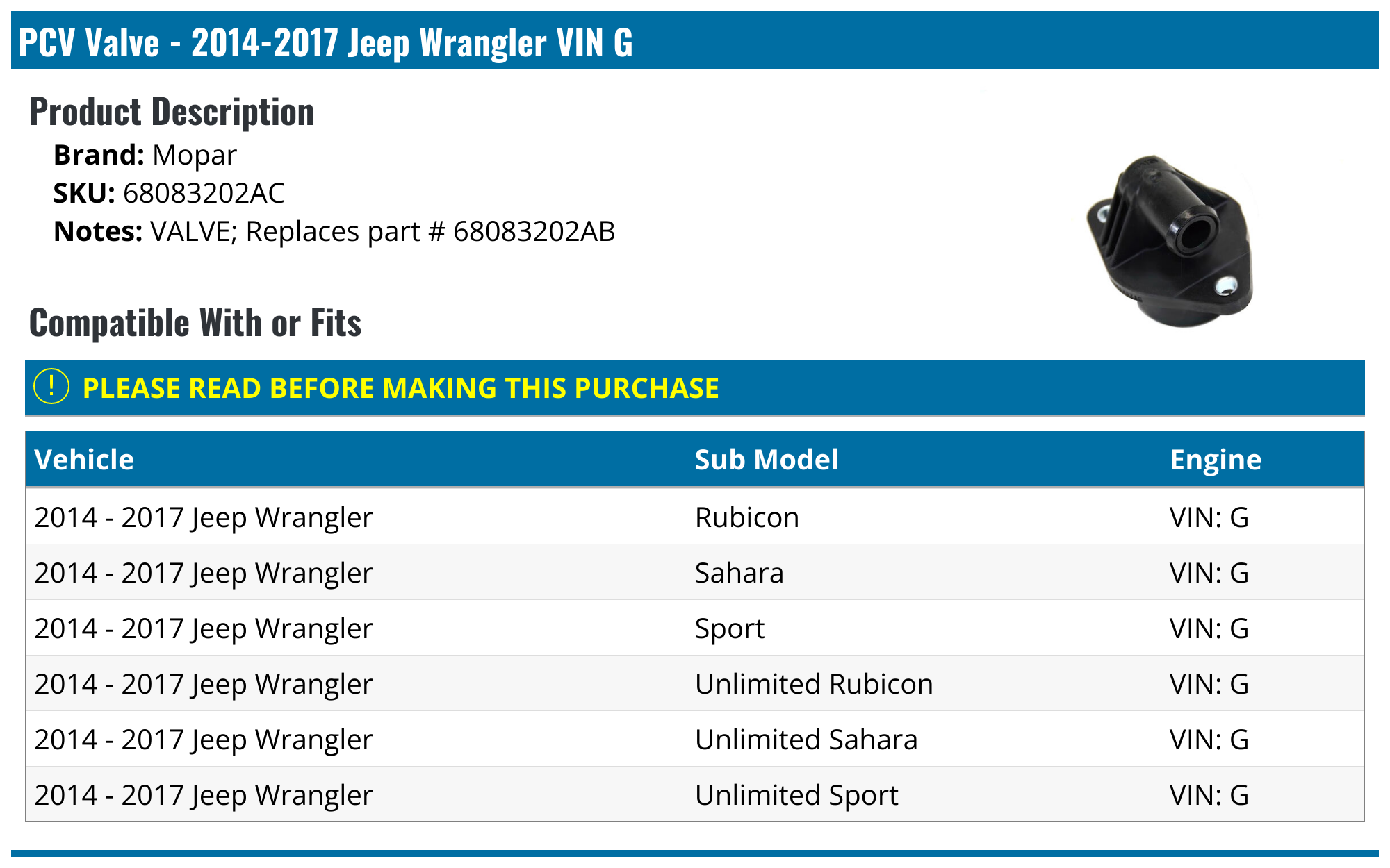 2014-2017 Jeep Wrangler PCV Valve - Mopar 68083202AC - PartsGeek.com