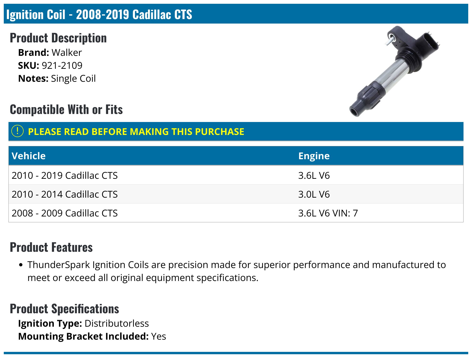 2008-2019 Cadillac CTS Ignition Coil - Walker 921-2109 - PartsGeek.com