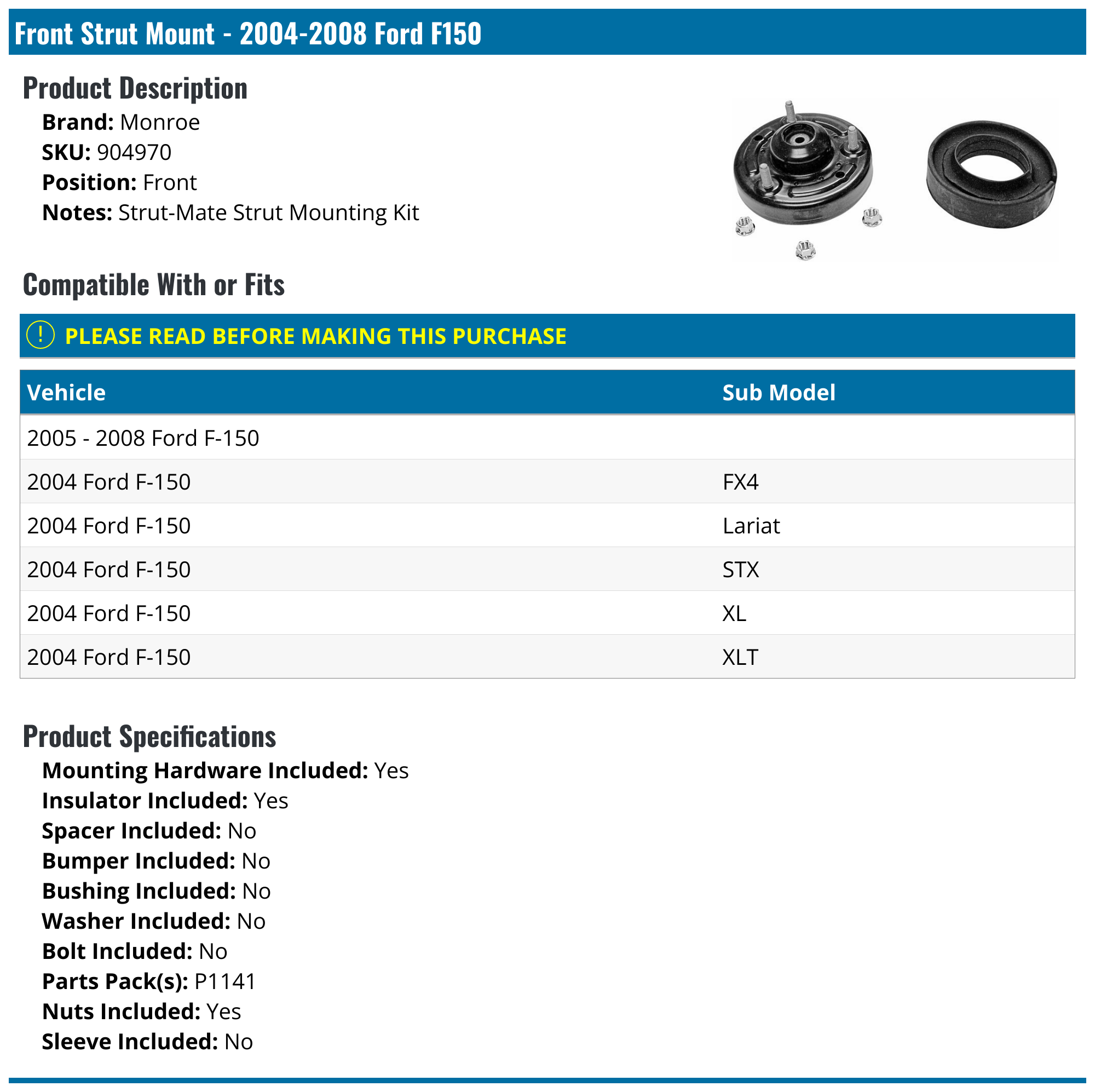2004-2008 Ford F150 Strut Mount - Monroe 904970 - Front - PartsGeek.com