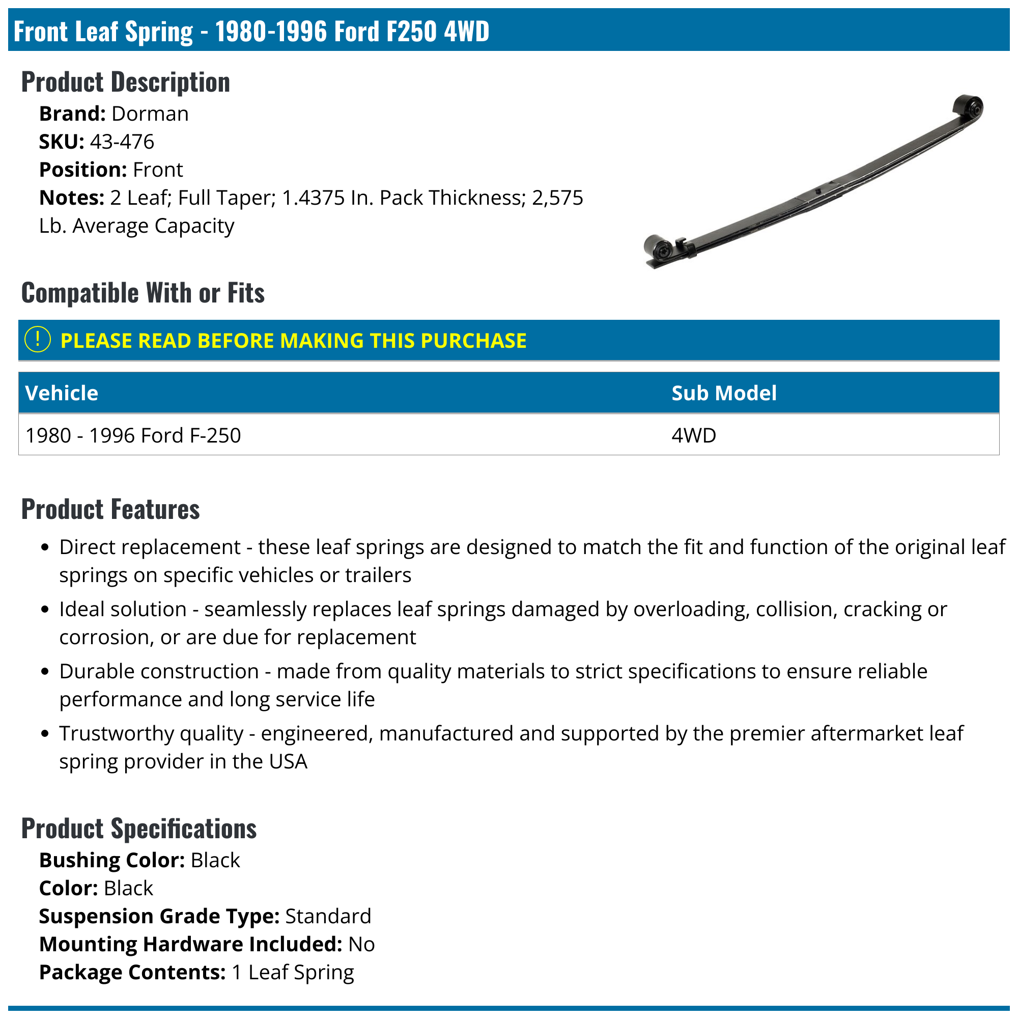 1980-1996 Ford F250 Leaf Spring - Dorman 43-476 - Front - PartsGeek.com