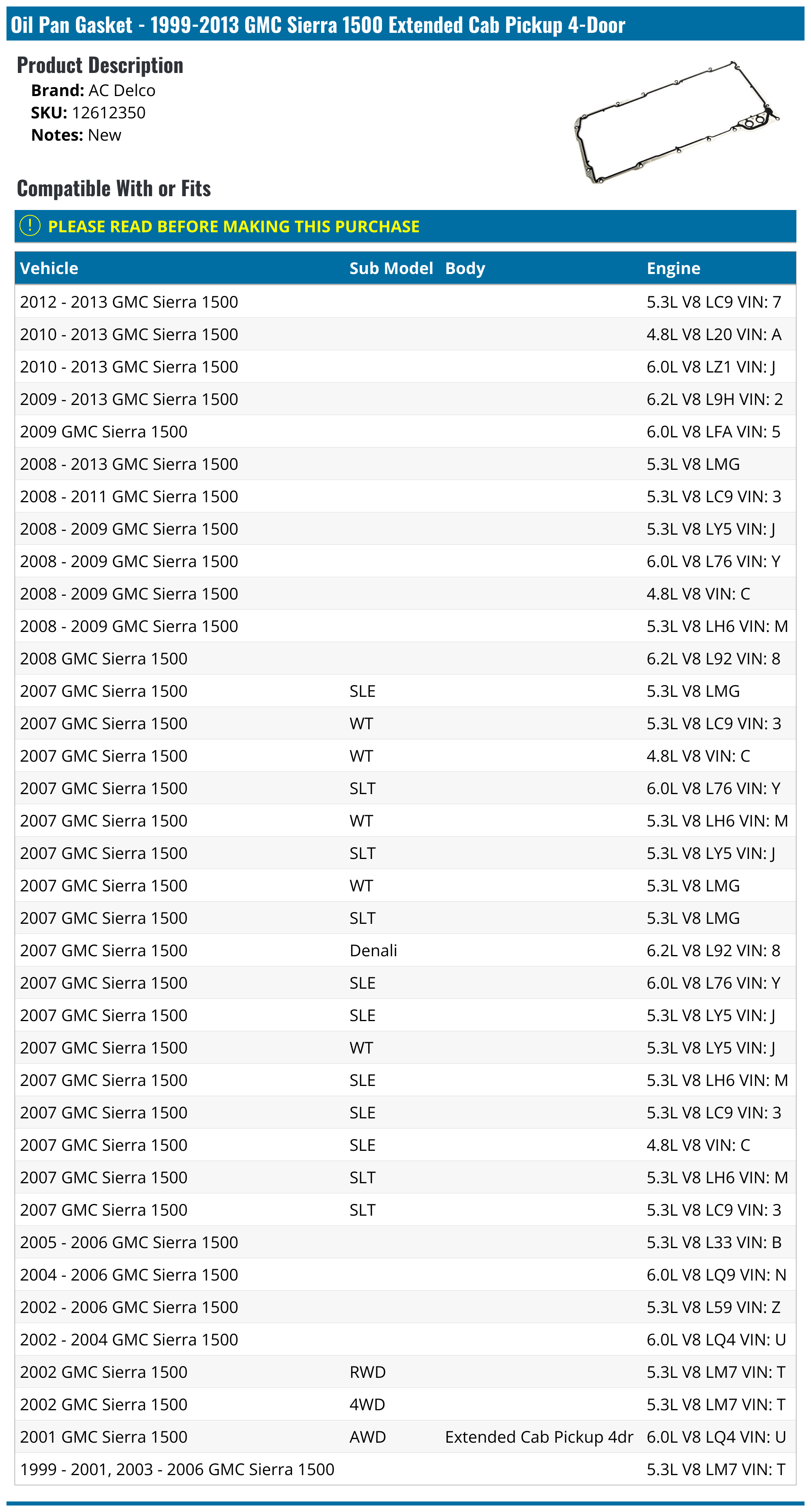 1999-2013 GMC Sierra 1500 Oil Pan Gasket - AC Delco 12612350 ...