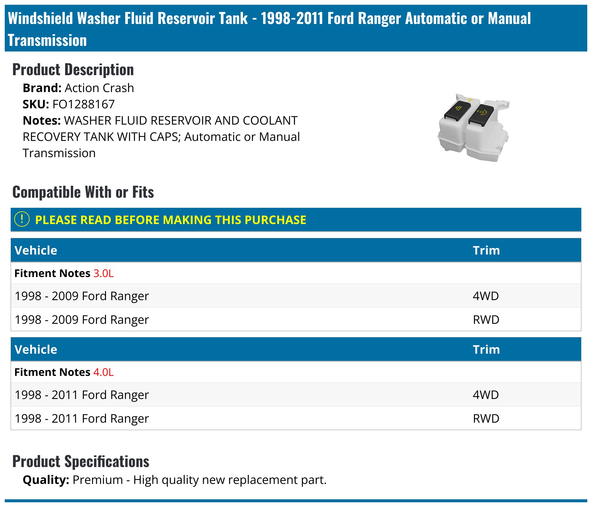 1998-2011 Ford Ranger Windshield Washer Tank - Action Crash FO1288167 ...