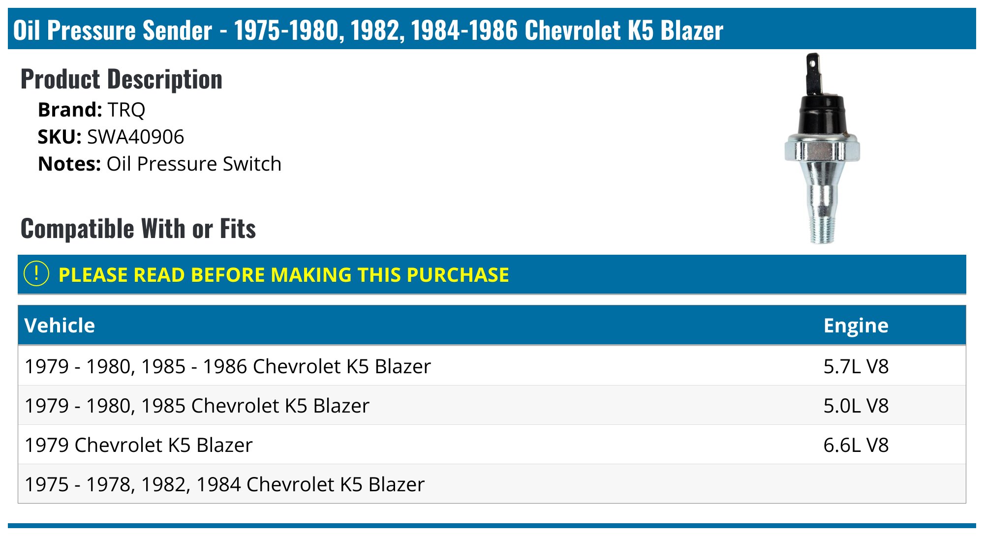 1975-1980, 1982, 1984-1986 Chevrolet K5 Blazer Oil Pressure Sender ...