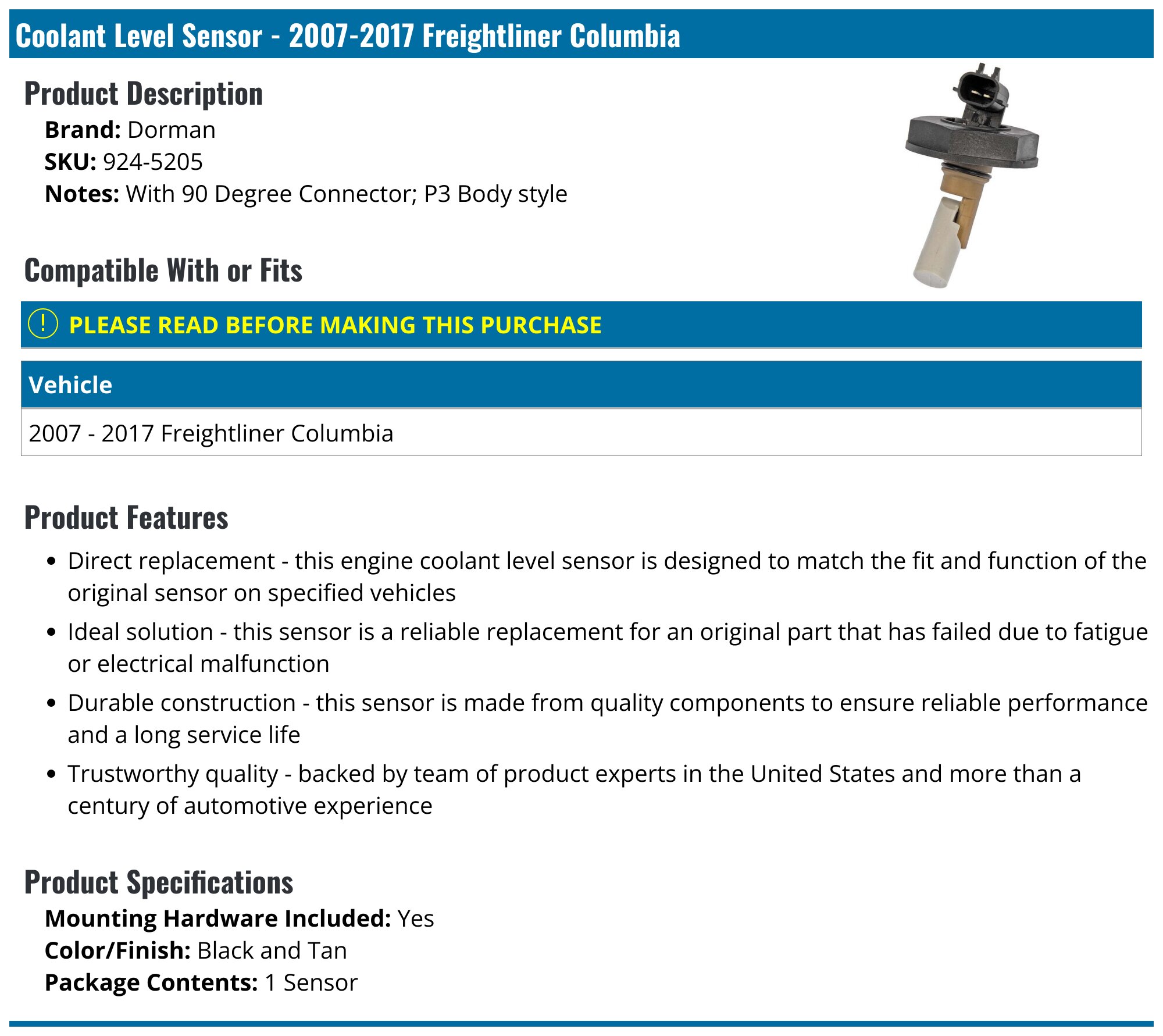 2007-2017 Freightliner Columbia Coolant Level Sensor - Dorman 924-5205 ...