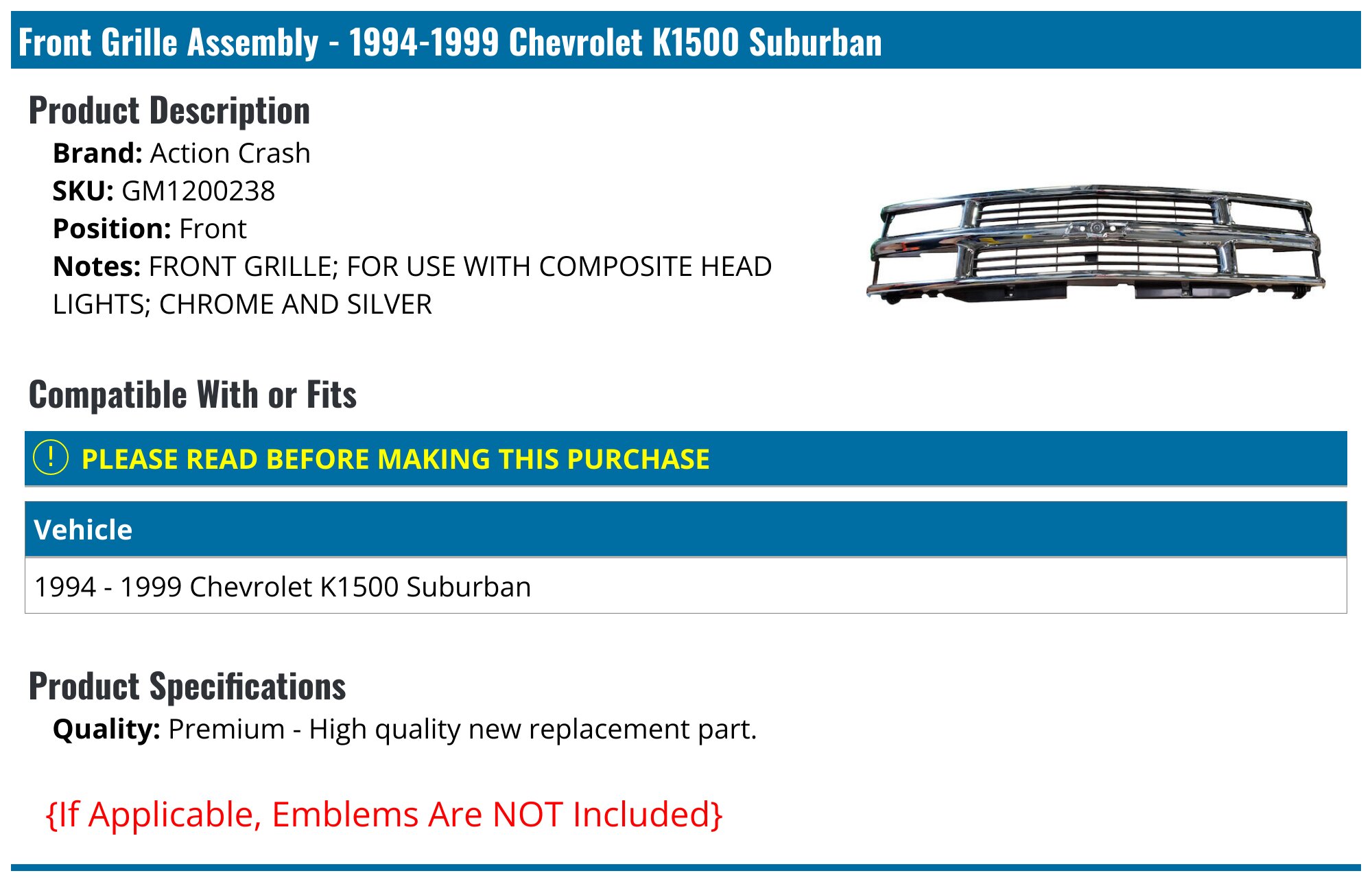1994-1999 Chevrolet K1500 Suburban Grille Assembly - Action Crash ...