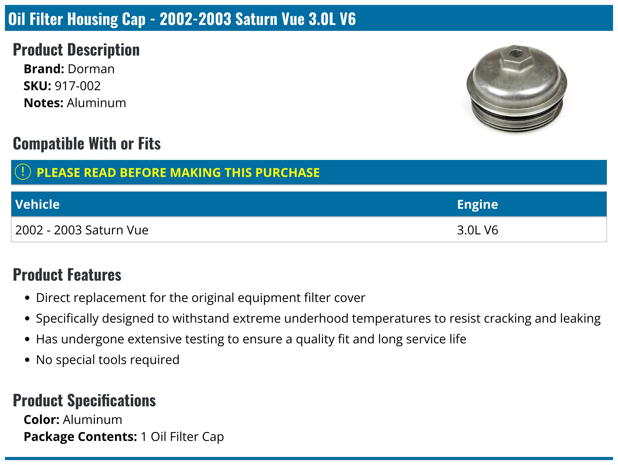 2002-2003 Saturn Vue Oil Filter Housing Cap - Dorman 917-002 ...