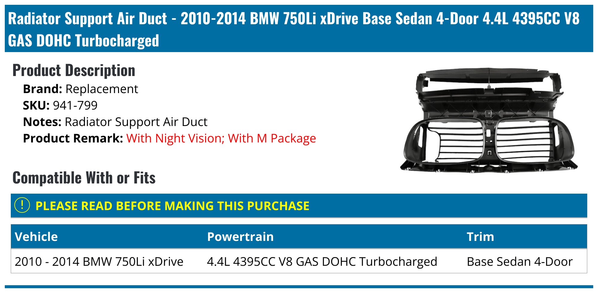 2010-2014 BMW 750Li xDrive Radiator Support Air Duct - Replacement 941 ...