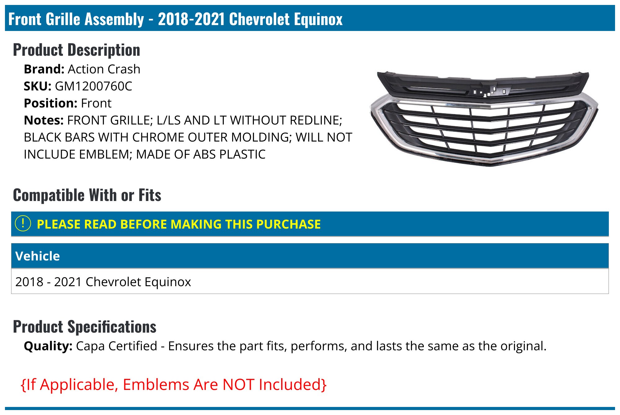 2018-2021 Chevrolet Equinox Grille Assembly - Action Crash GM1200760C ...