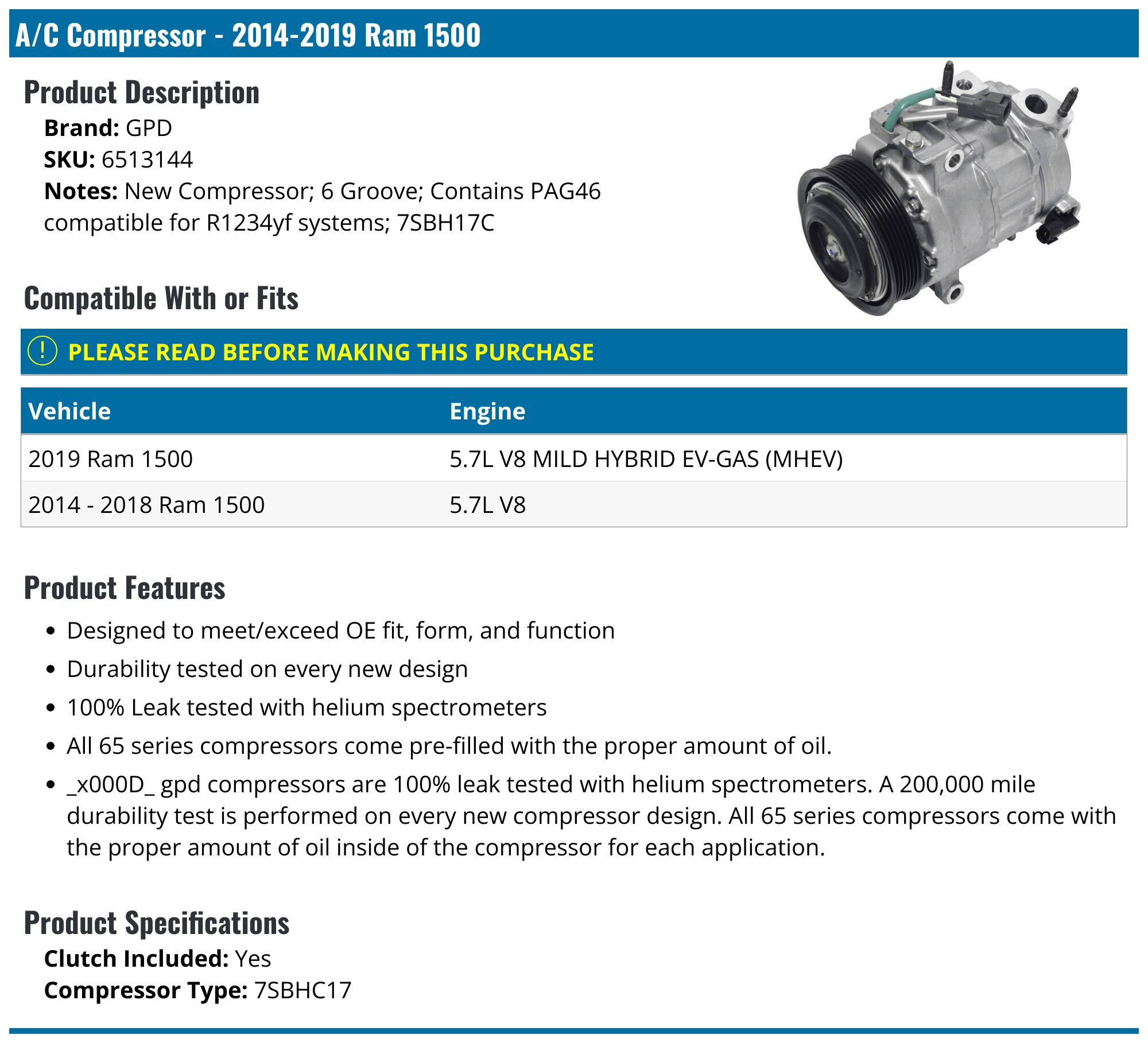 2014-2019 Ram 1500 A/C Compressor - GPD 6513144 - PartsGeek.com