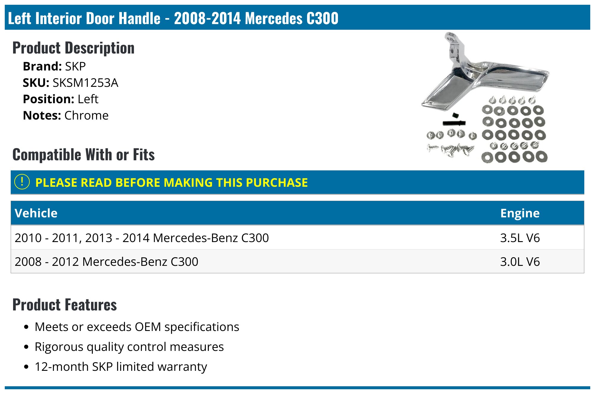 2008-2014 Mercedes C300 Door Handle - SKP SKSM1253A - Left - PartsGeek.com