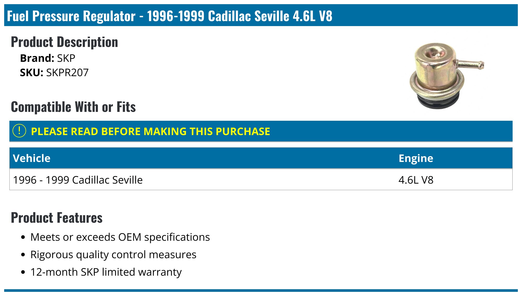 1996-1999 Cadillac Seville Fuel Pressure Regulator - SKP SKPR207 ...