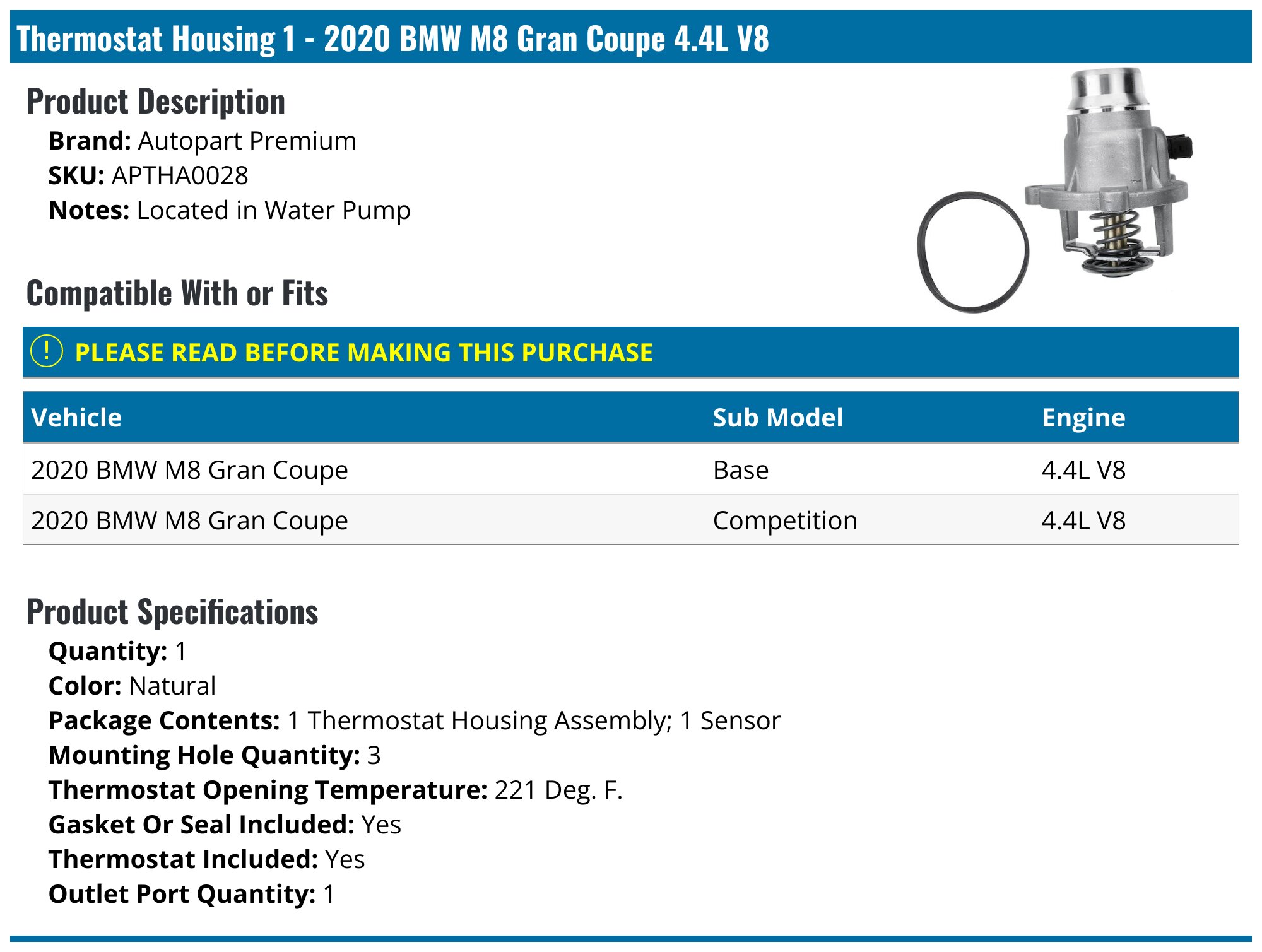 2020 BMW M8 Gran Coupe Thermostat Housing - Autopart Premium APTHA0028 ...