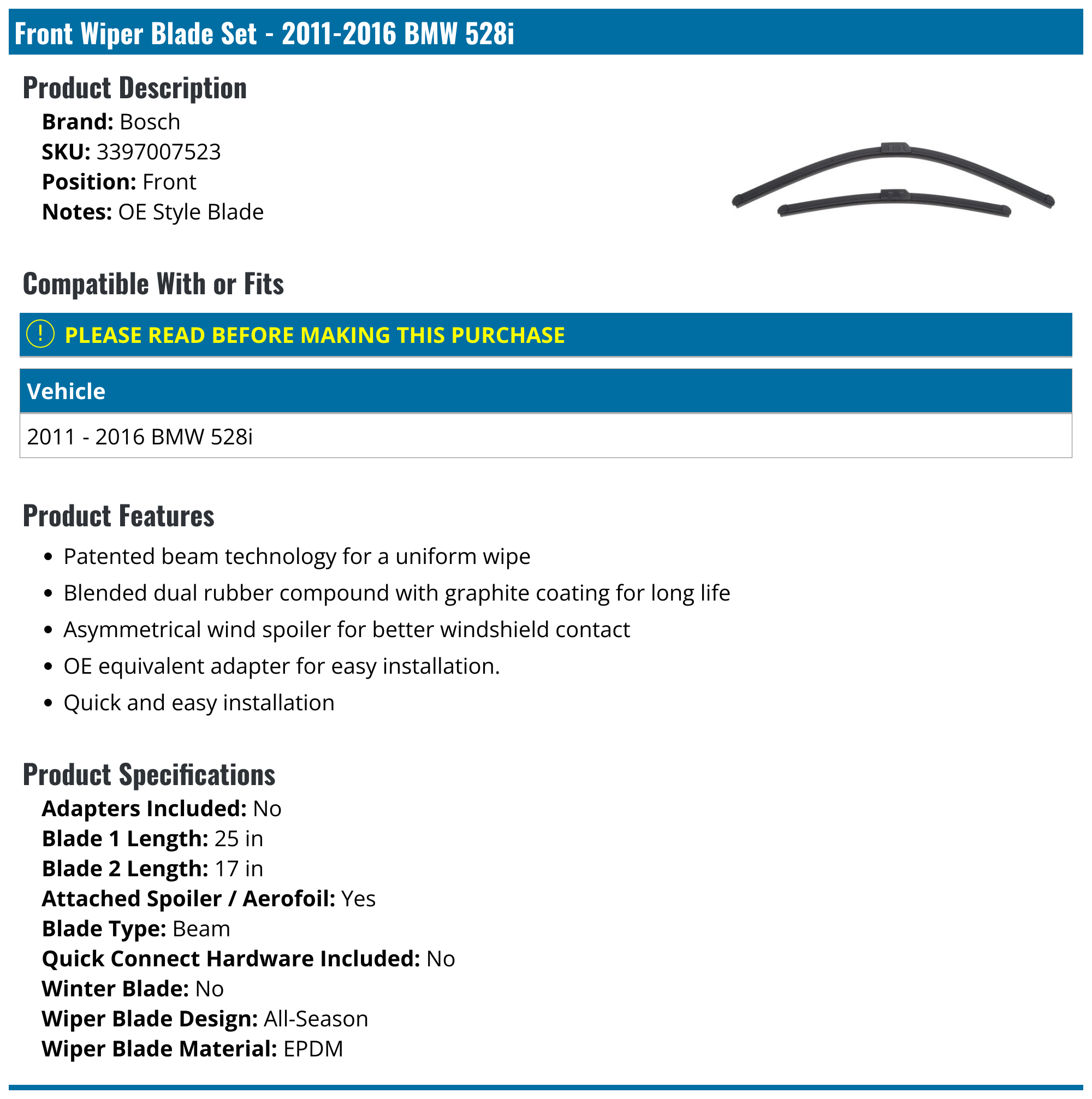 2011-2016 BMW 528i Wiper Blade - Bosch 3397007523 - Front - PartsGeek.com