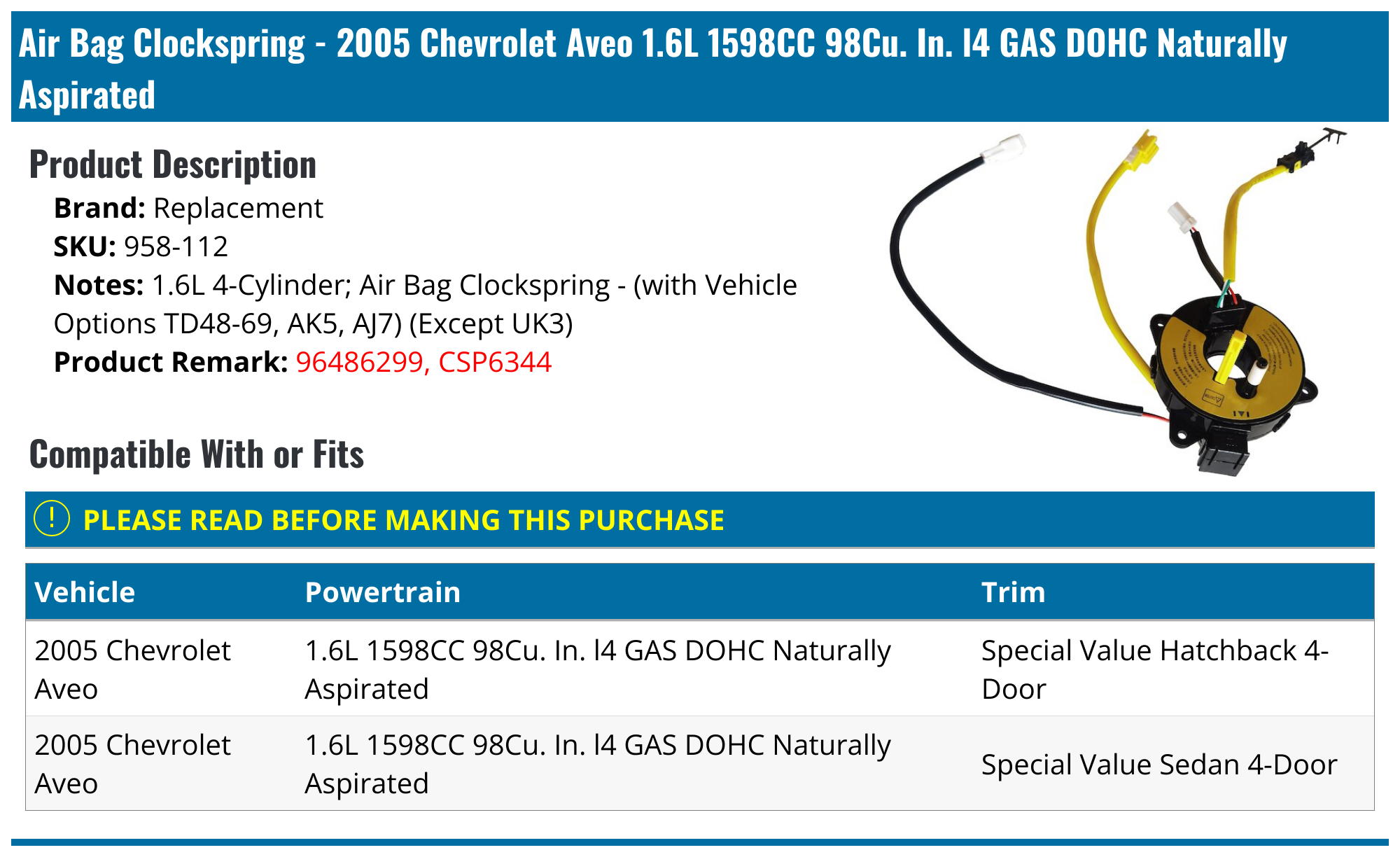 2005 Chevrolet Aveo Air Bag Clockspring - Replacement 958-112 ...
