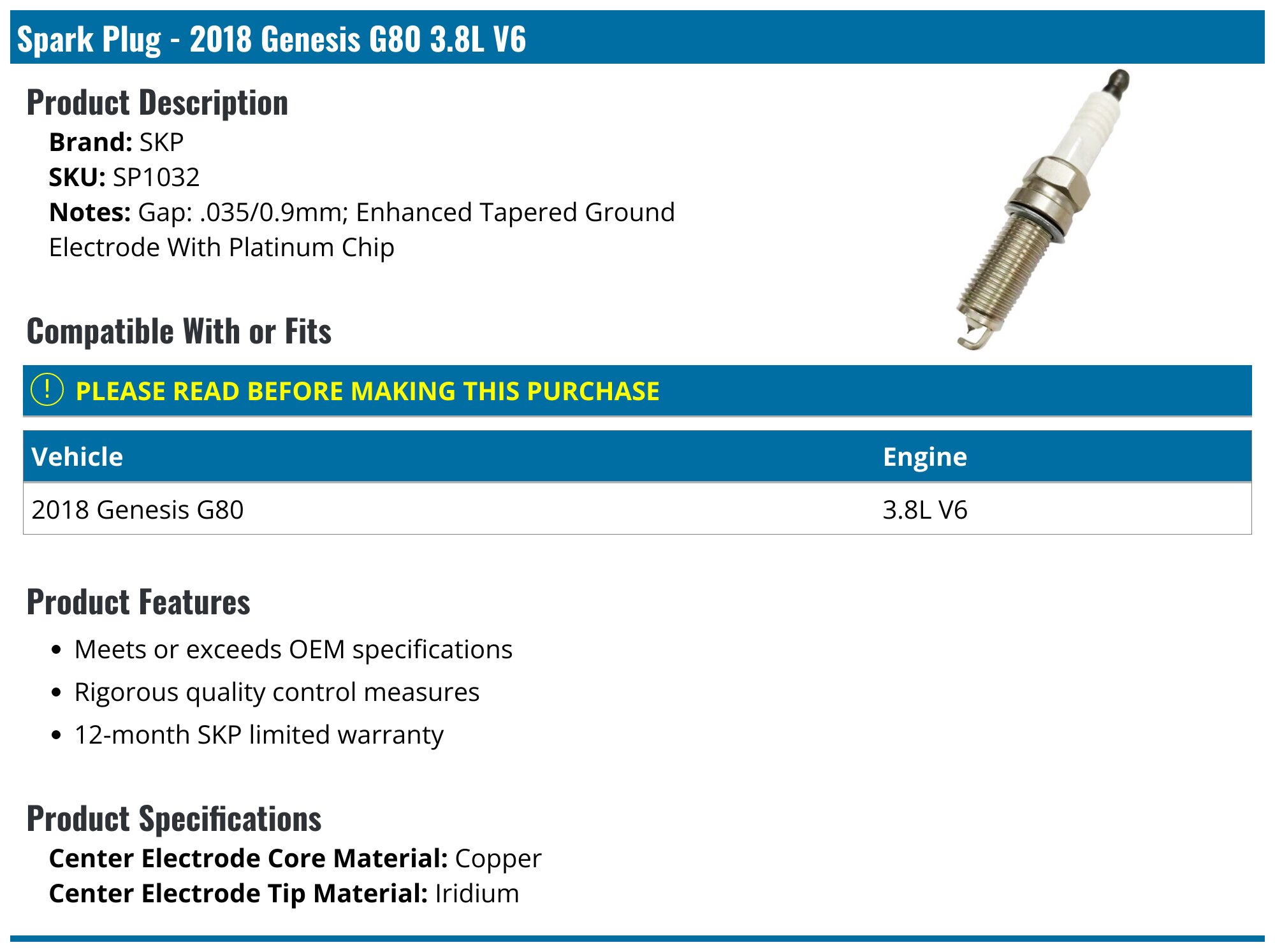 2019-2020 Genesis G80 Spark Plug - SKP SP1032 - PartsGeek.com