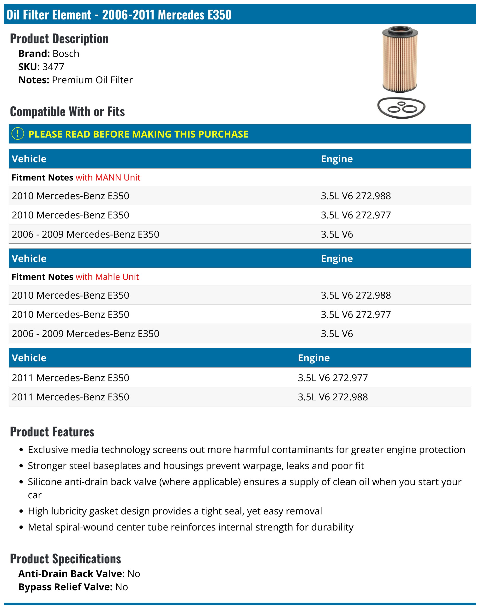 2006-2011 Mercedes E350 Oil Filter Element - Bosch 3477 - PartsGeek.com