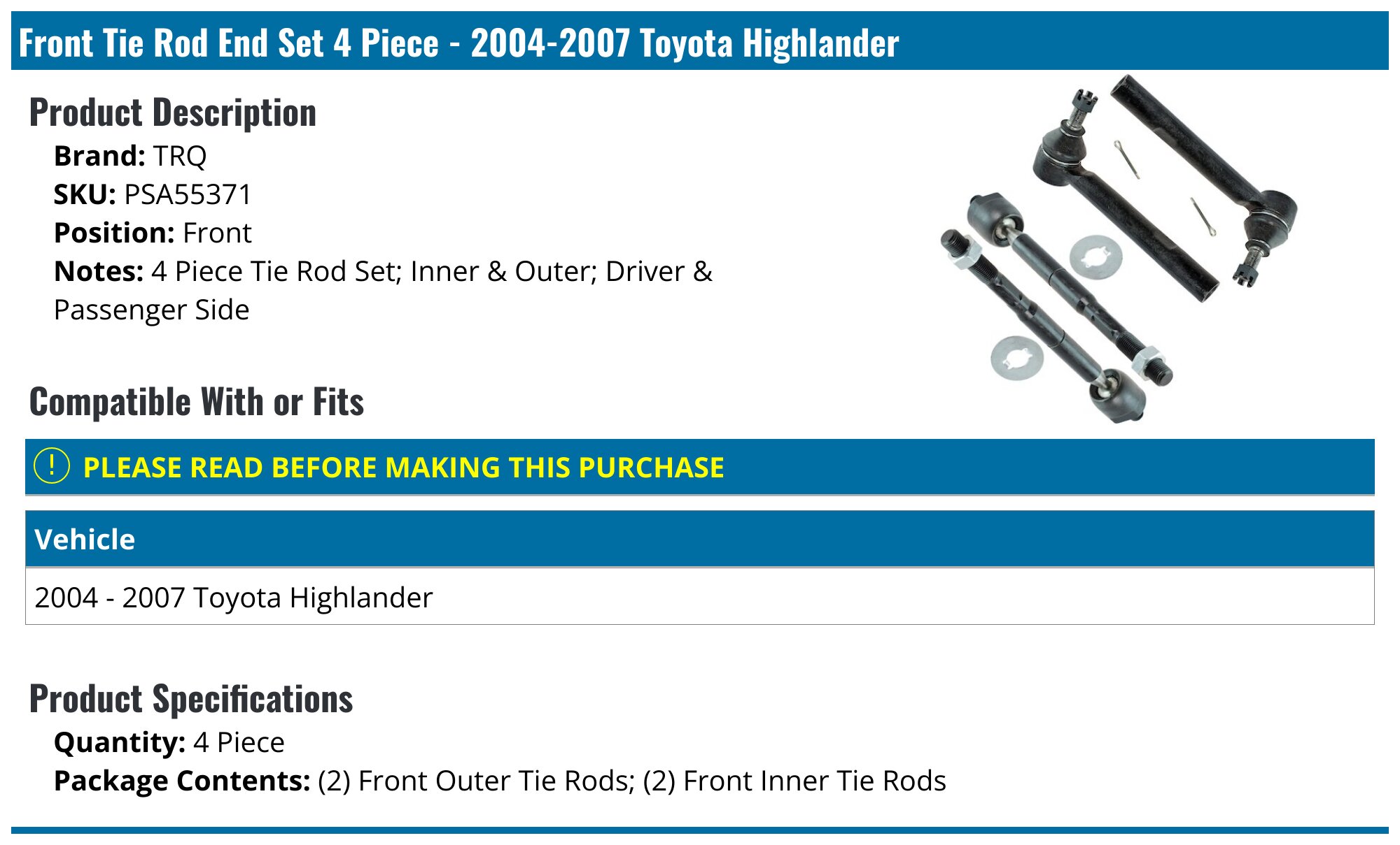 2004-2007 Toyota Highlander Tie Rod End - TRQ PSA55371 - Front ...