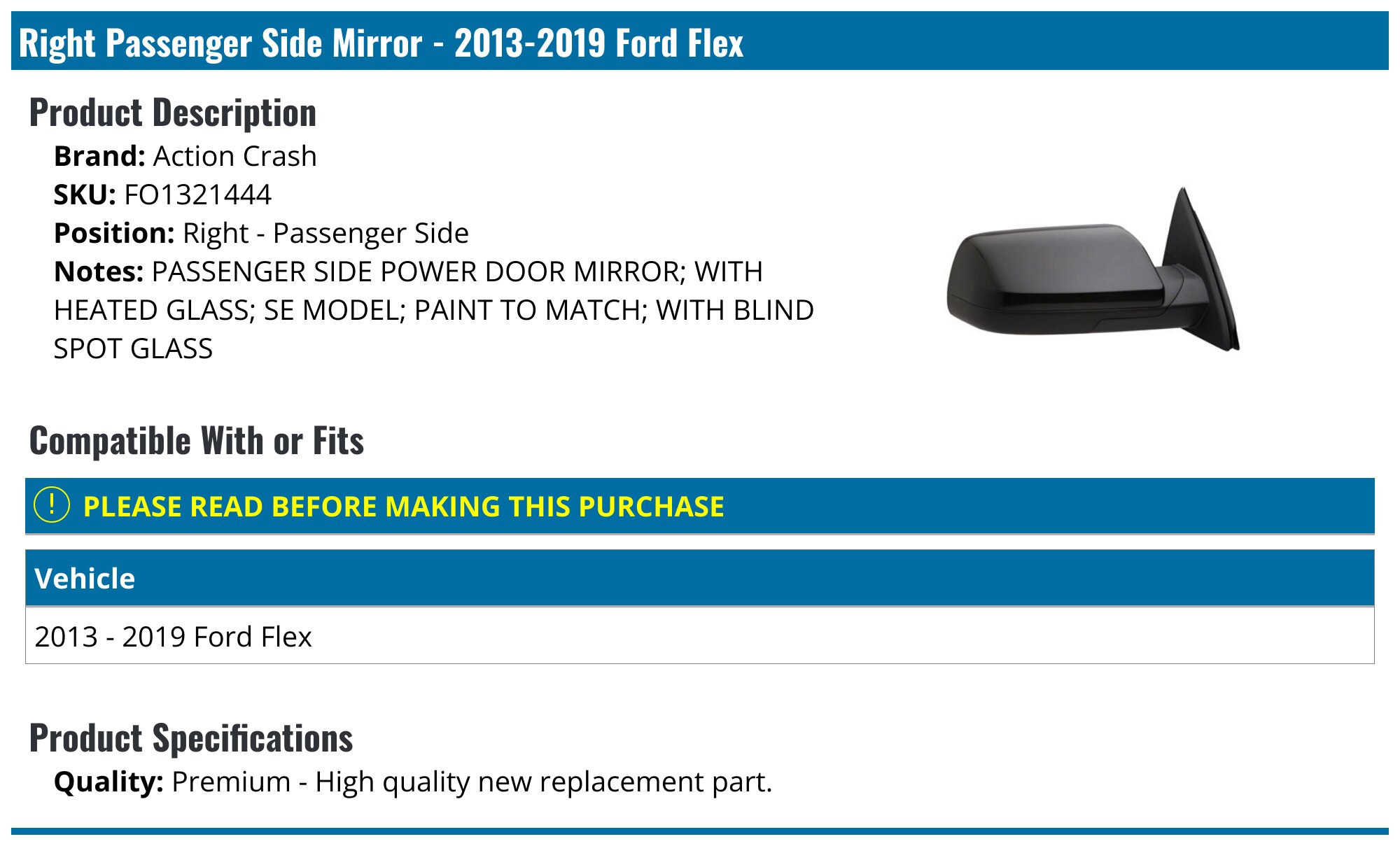 2013-2019 Ford Flex Mirror - Action Crash FO1321444 - Right - Passenger ...