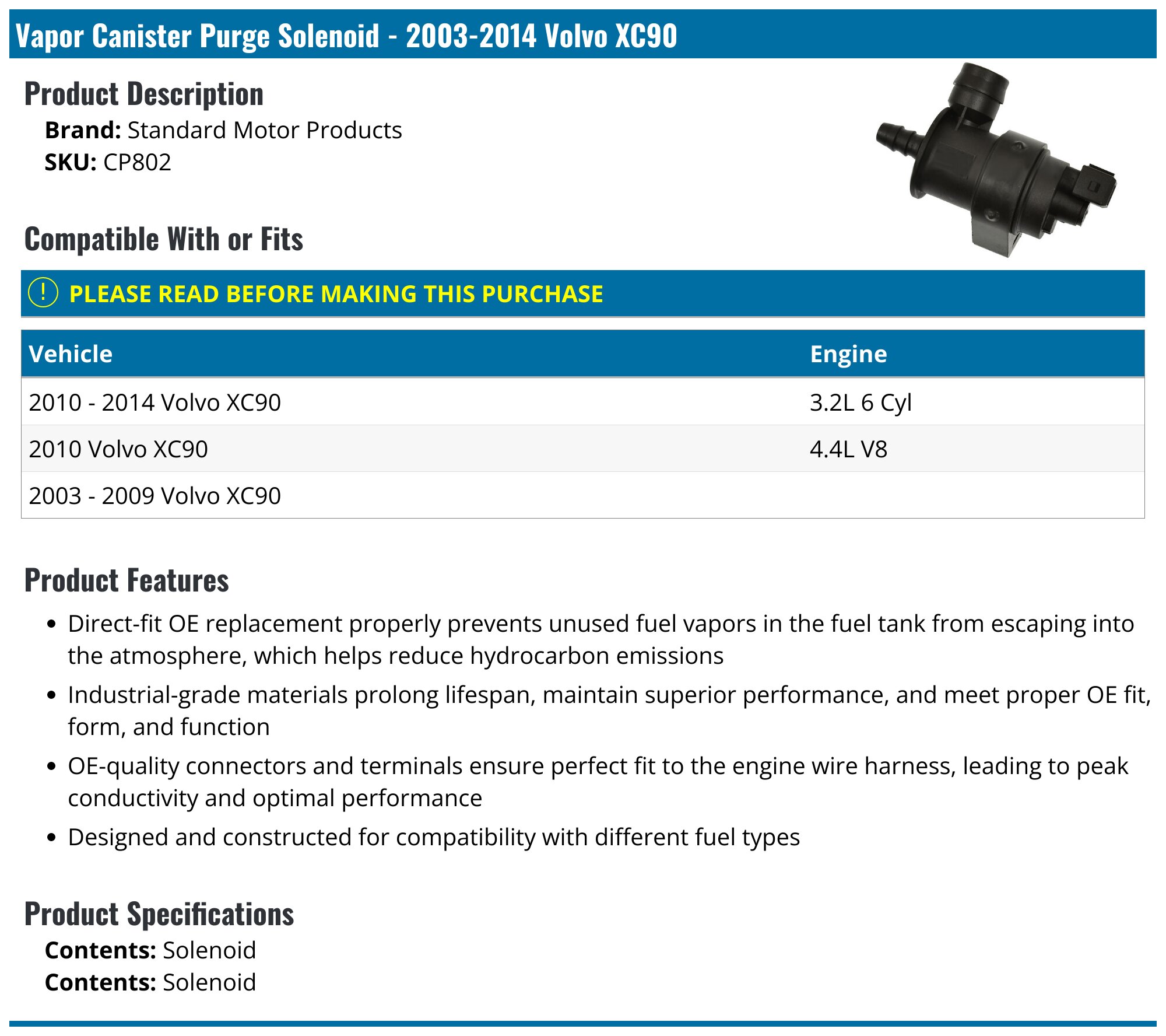 2003-2014 Volvo XC90 Vapor Canister Purge Solenoid - Standard Motor ...