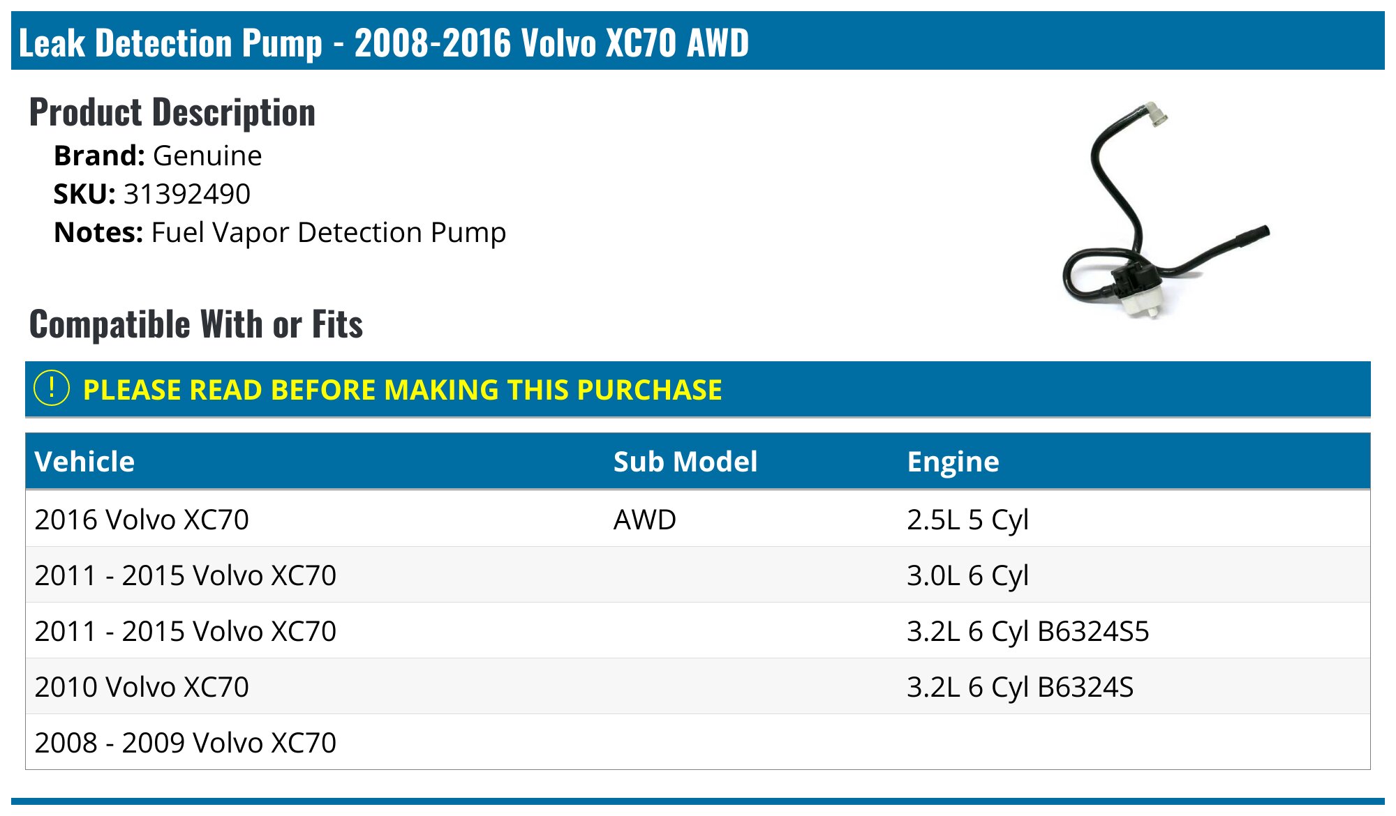 2008-2016 Volvo XC70 Leak Detection Pump - Genuine 31392490 - PartsGeek.com
