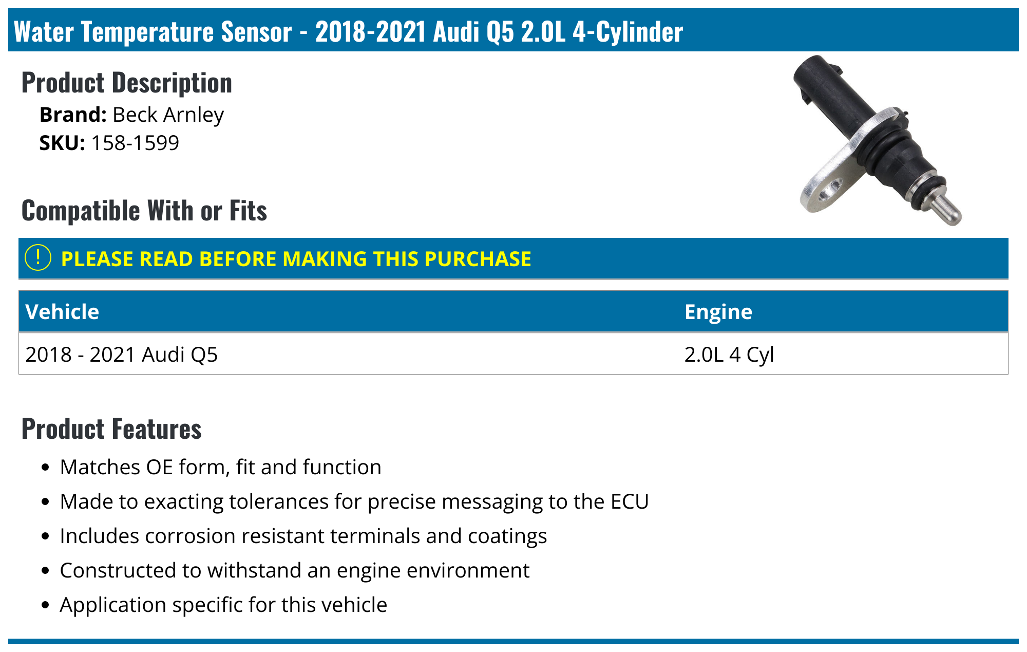 2018-2021 Audi Q5 Water Temperature Sensor - Beck Arnley 158-1599 ...