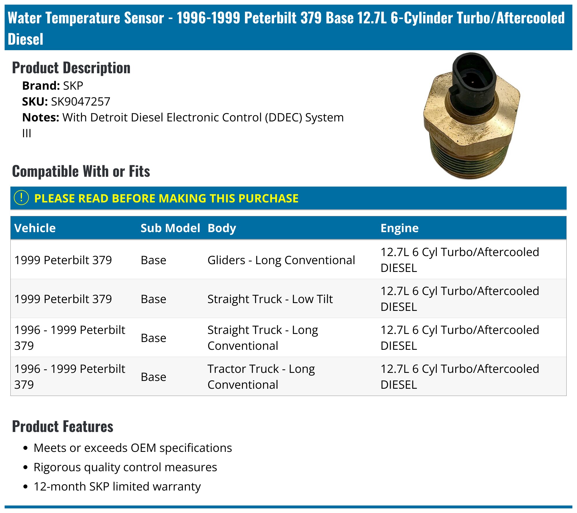 1996-1999 Peterbilt 379 Water Temperature Sensor - SKP SK9047257 ...