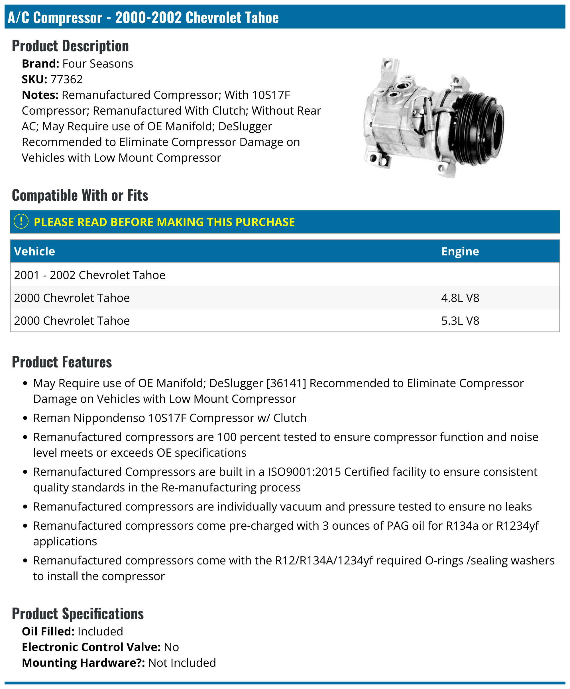 2000-2002 Chevrolet Tahoe A/C Compressor - Four Seasons 77362 ...