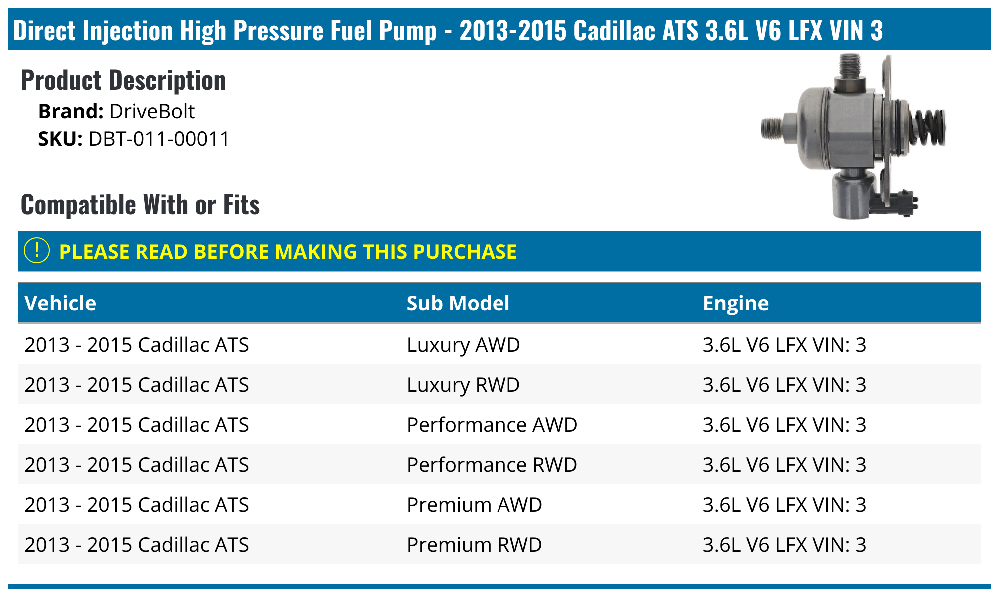 2013-2015 Cadillac ATS Fuel Pump - DriveBolt DBT-011-00011 - PartsGeek.com