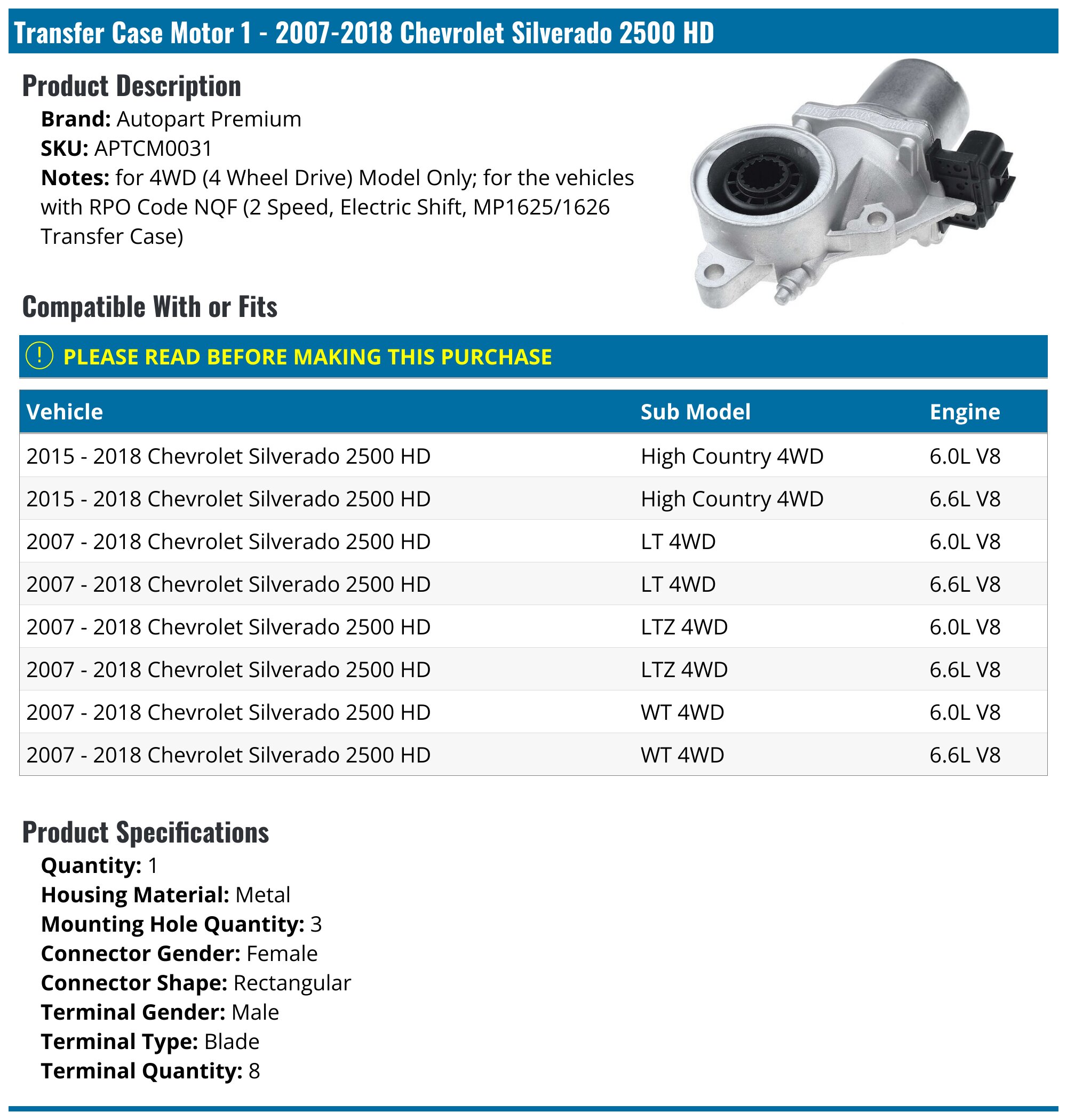 2007-2018 Chevrolet Silverado 2500 HD Transfer Case Motor - Autopart ...