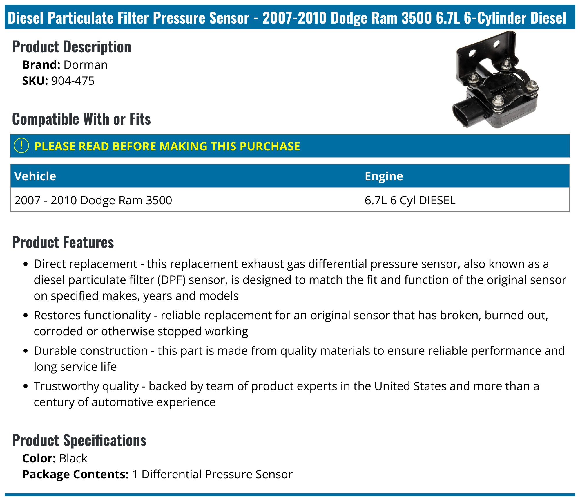 2007-2010 Dodge Ram 3500 Diesel Particulate Filter Pressure Sensor ...